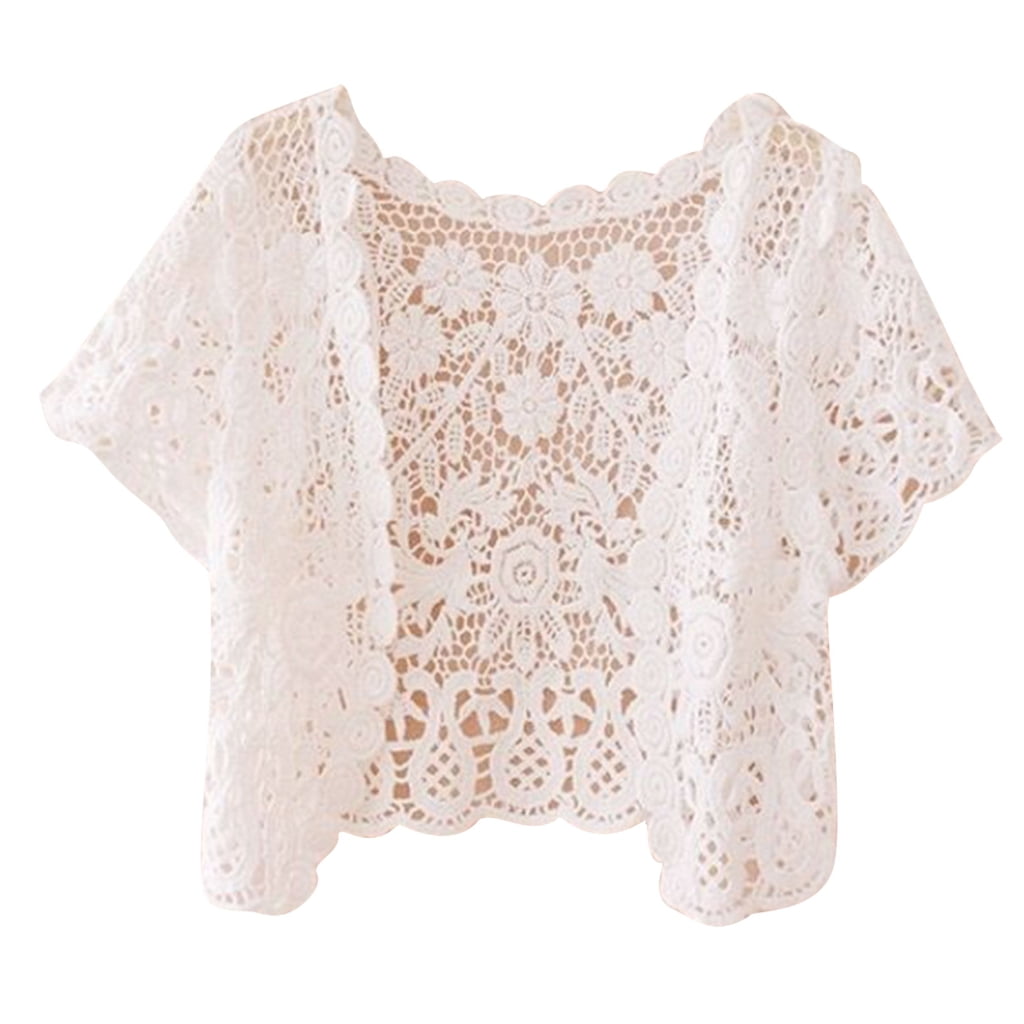 XISAOK Women Crochet Floral Lace Cardigan Short Sleeve Bolero Shrug Top ...