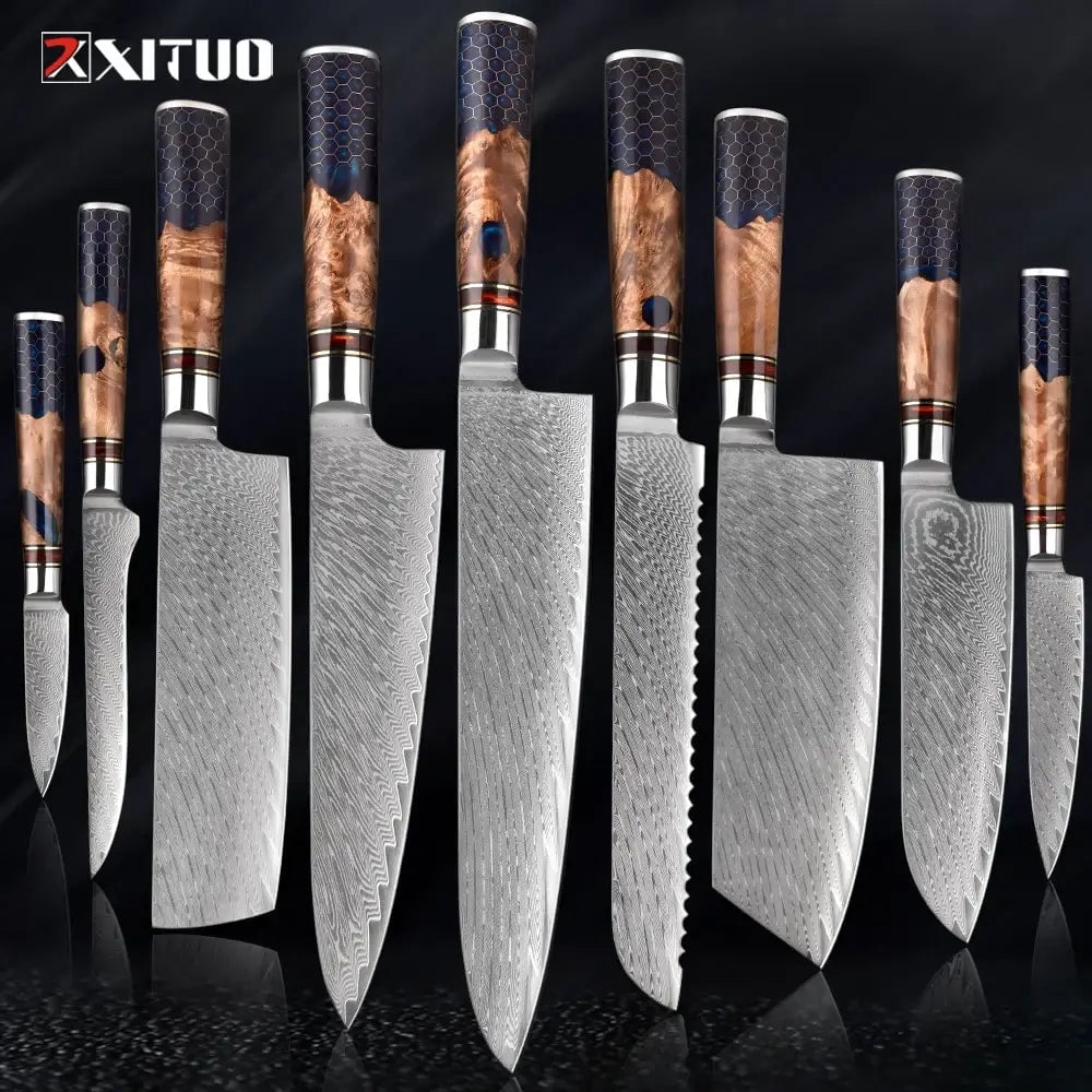 XITUO 1-9 Piece Kitchen Knives Set Damascus Steel Chef Knife Sharp Cut ...
