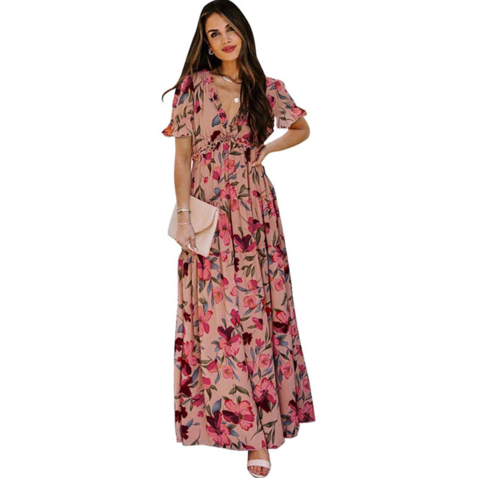 XIUH Women Boho Floral Print Short Sleeve Maxi Dress Plus Size V Neck ...