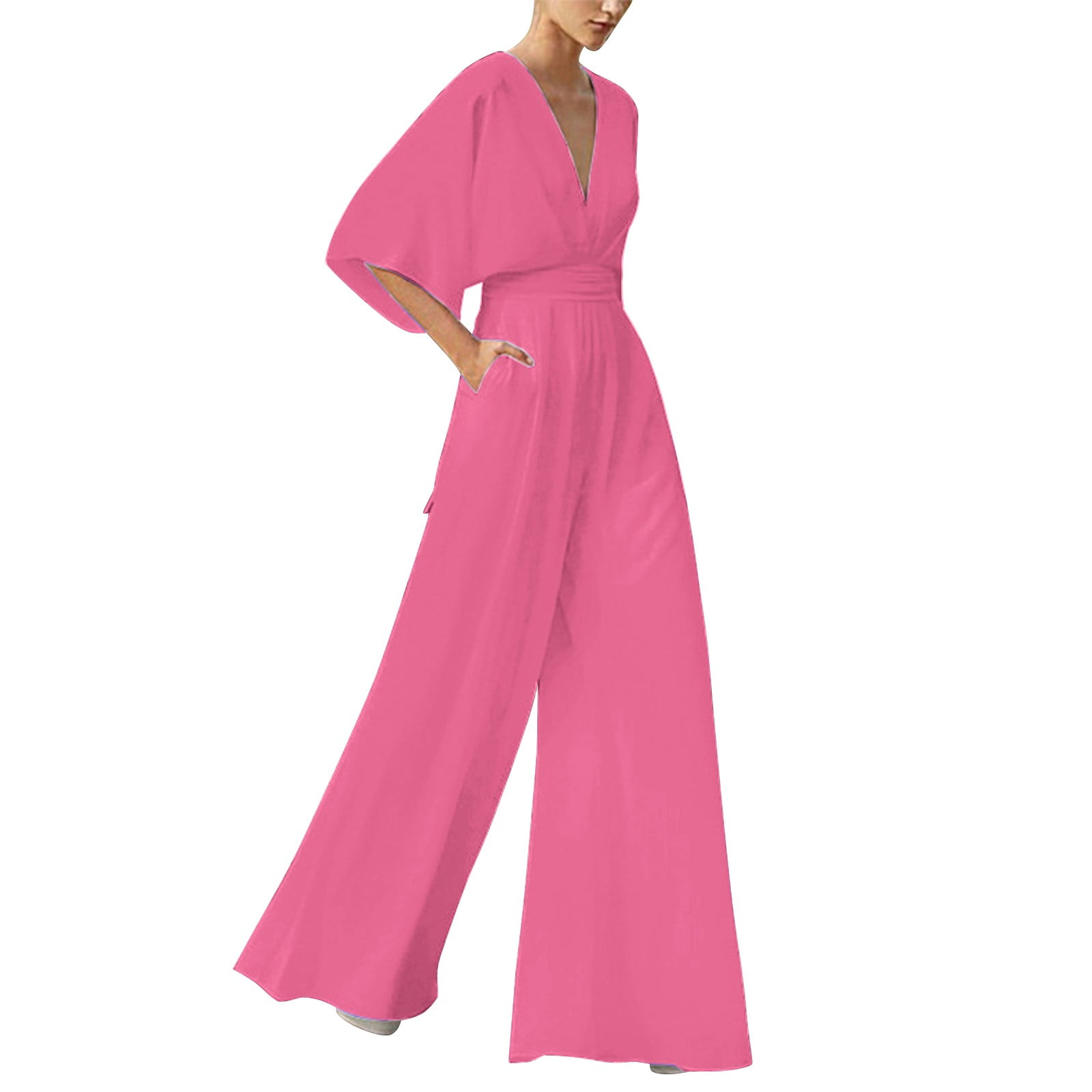 Xiuh Women Plus Size High Waist Wide Legs Pants Deep V Long Sleeve
