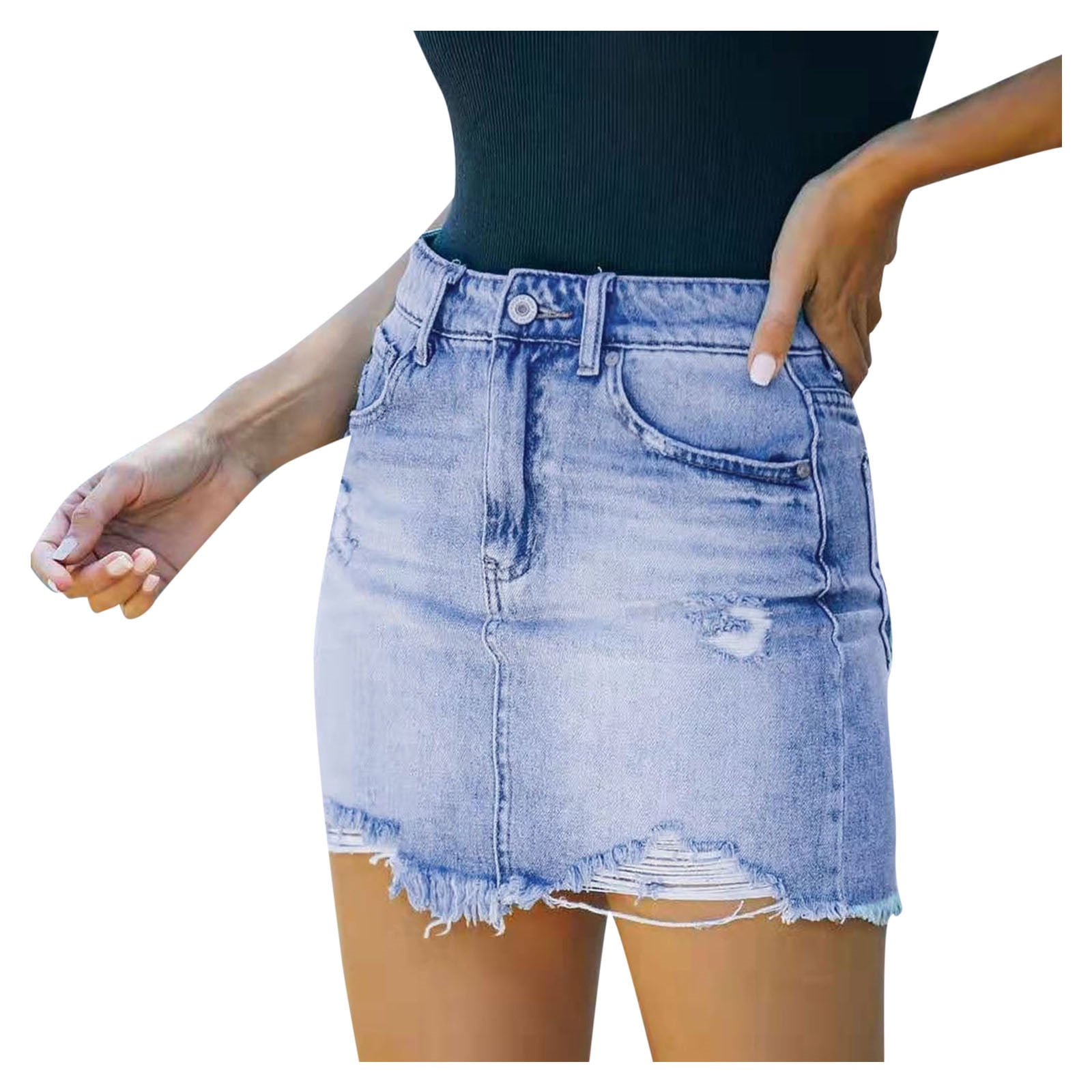 XIUH Women's High Waist Ripped Mini Denim Skirts Solid Color Washed ...