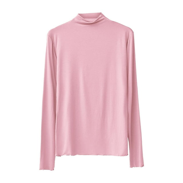 XIUH Women's Solid Color Turtleneck Fitted Tops Long Sleeve Plus Size Blouse Pink L - Walmart.com
