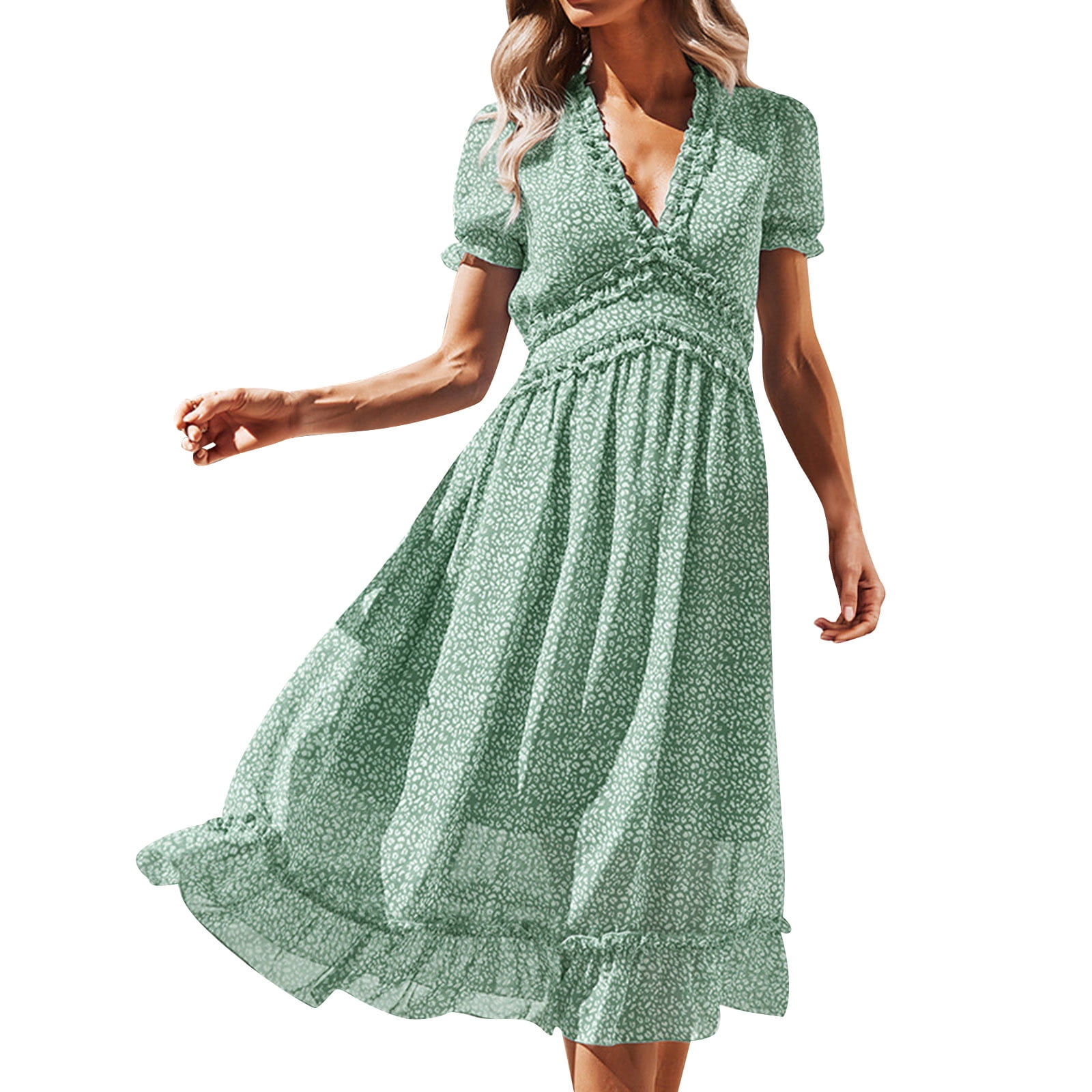 XIUH Women's V Neck Ruffle Hem Swing Midi Dress V Neck Ruffle Short ...