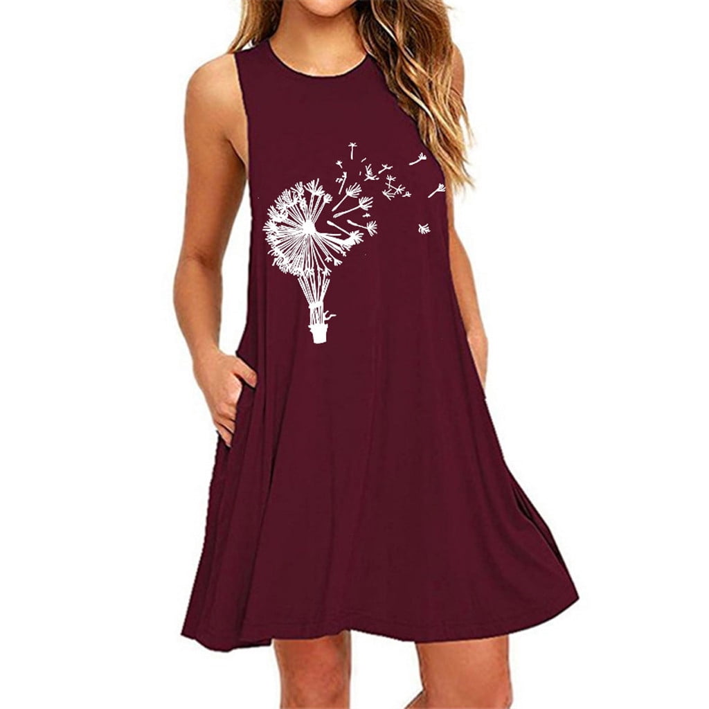 XIUH Womens Crew Neck Casual Print A-Line Dress Sleeveless Pleated ...