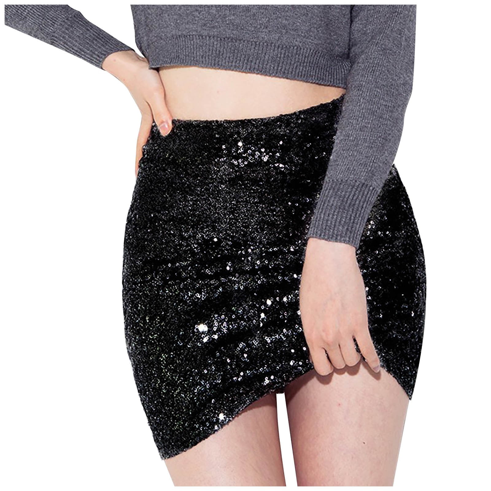 XIUH Womens Solid Sequins Wraped Mini Skirts High Waist Fitted Party ...