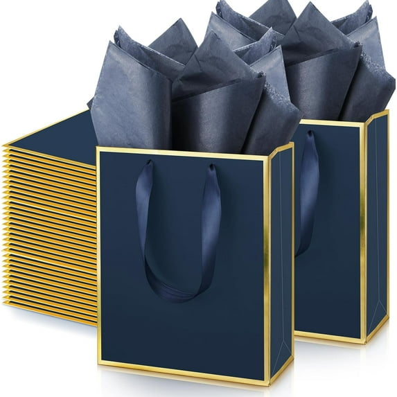 XIULIN 50 Pack Metallic Gift Bags with Handle and Tissue Paper Gold ...