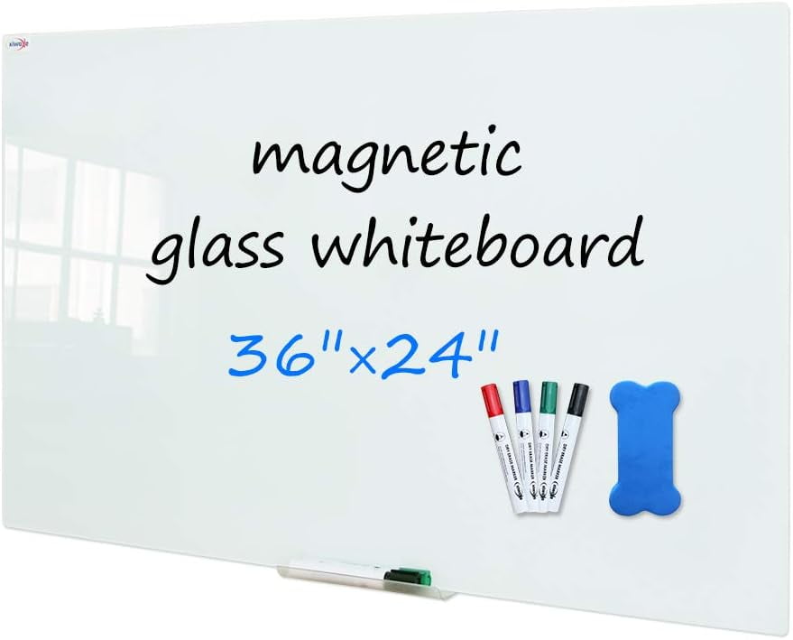 XIWODE Magnetic Glass Dry Erase Whiteboard, 36"x 24" Wall Mounted Glass White Board, White ...