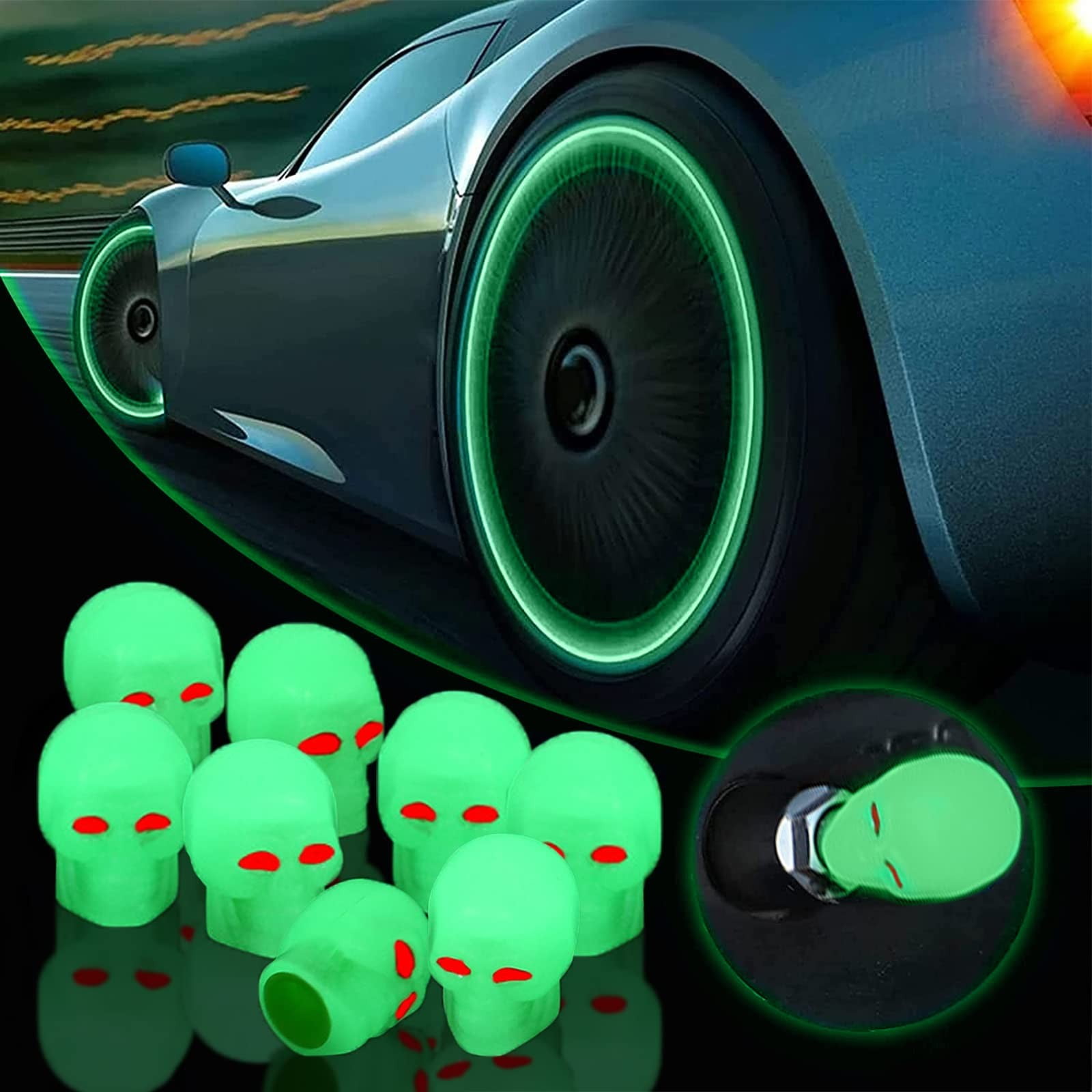 XIXISTARYY 4-Pack Car Tire Dust Caps Fluorescent Skull Valve Cover Glow ...