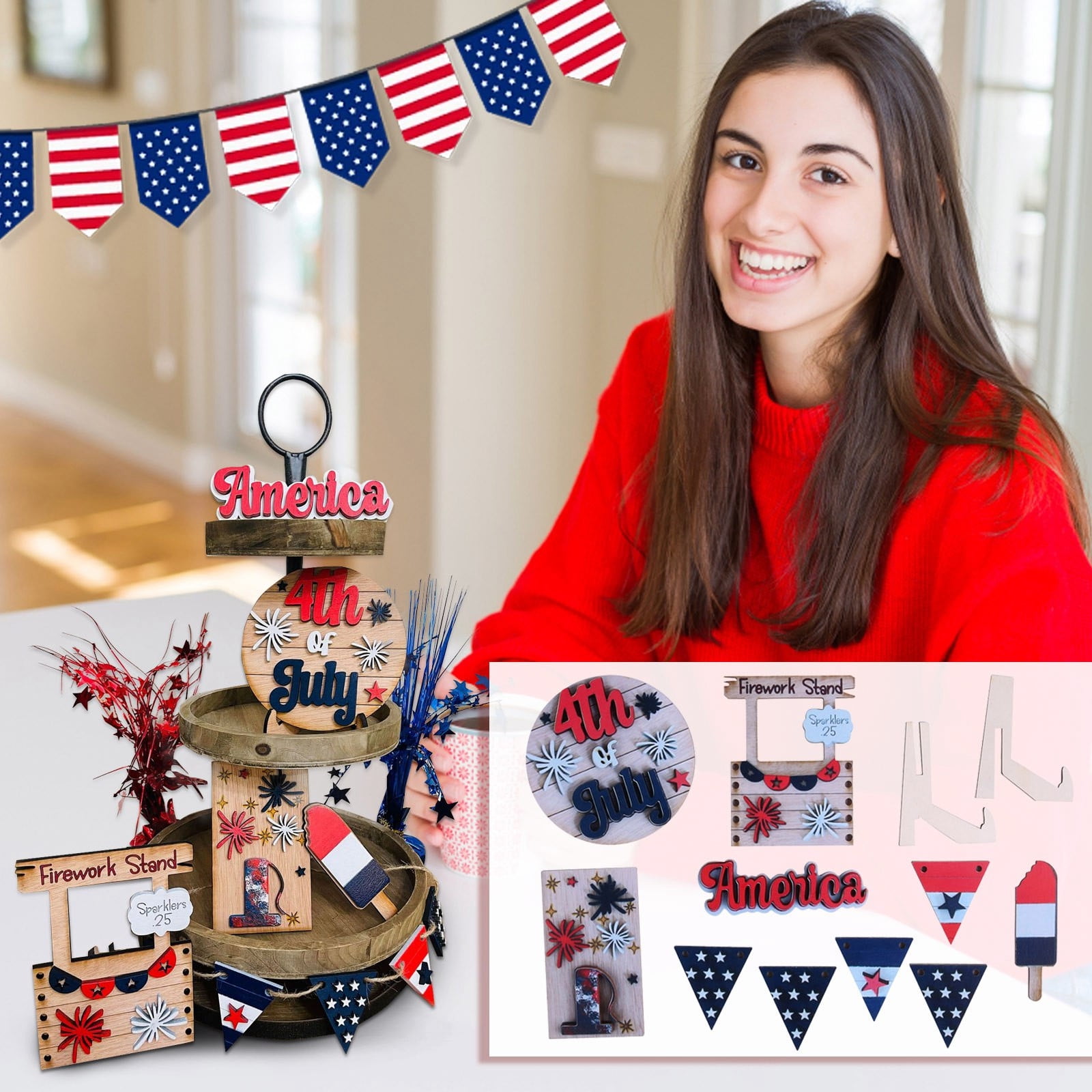 XIXISTARYY 4th of July Decorations Tiered Tray Decor Wood Patriotic ...