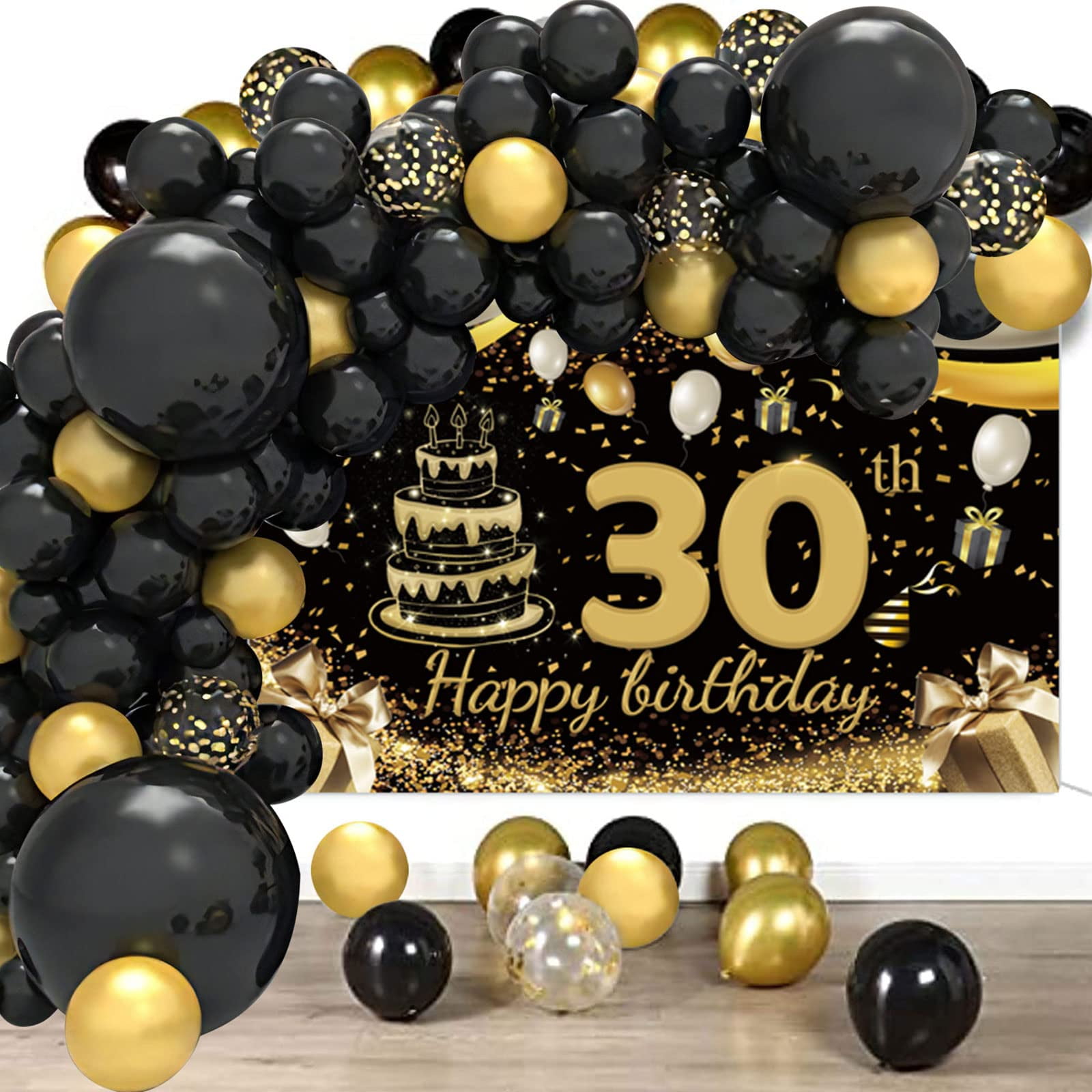 XIYAO Black and Gold Birthday Decorations KKS1 Happy Birthday Backdrop ...