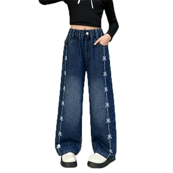 XIYON Girls Baggy Jeans Girls Denim Pants With Embroidery Floral Design ...