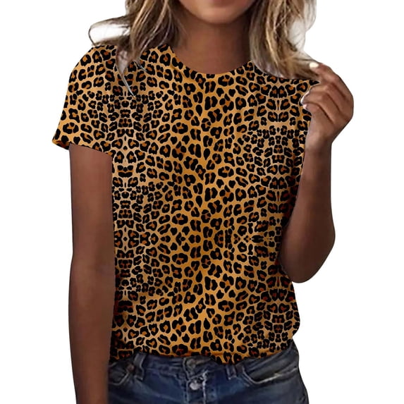 XIYON Women T Shirts Leopard Print Short Sleeve T Shirt Casual Crew ...