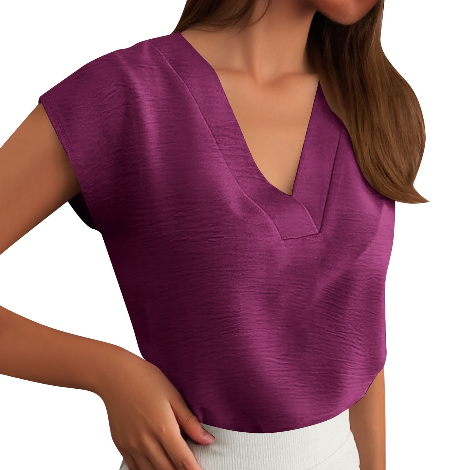 XIYON Women T Shirts Tops Cap Sleeve Textured Dressy Casual V Neck Tee ...