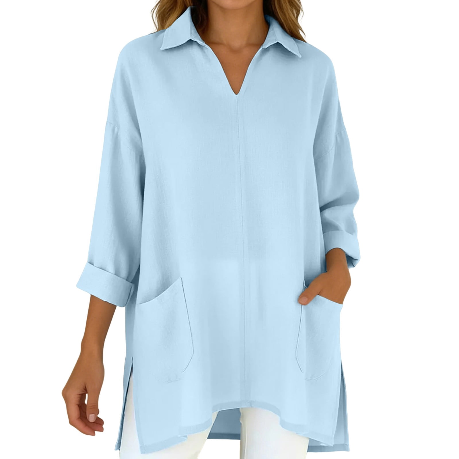 XIYON Women Tops Shirts For Loose Fit V Neck Long Sleeve Work Blouses ...