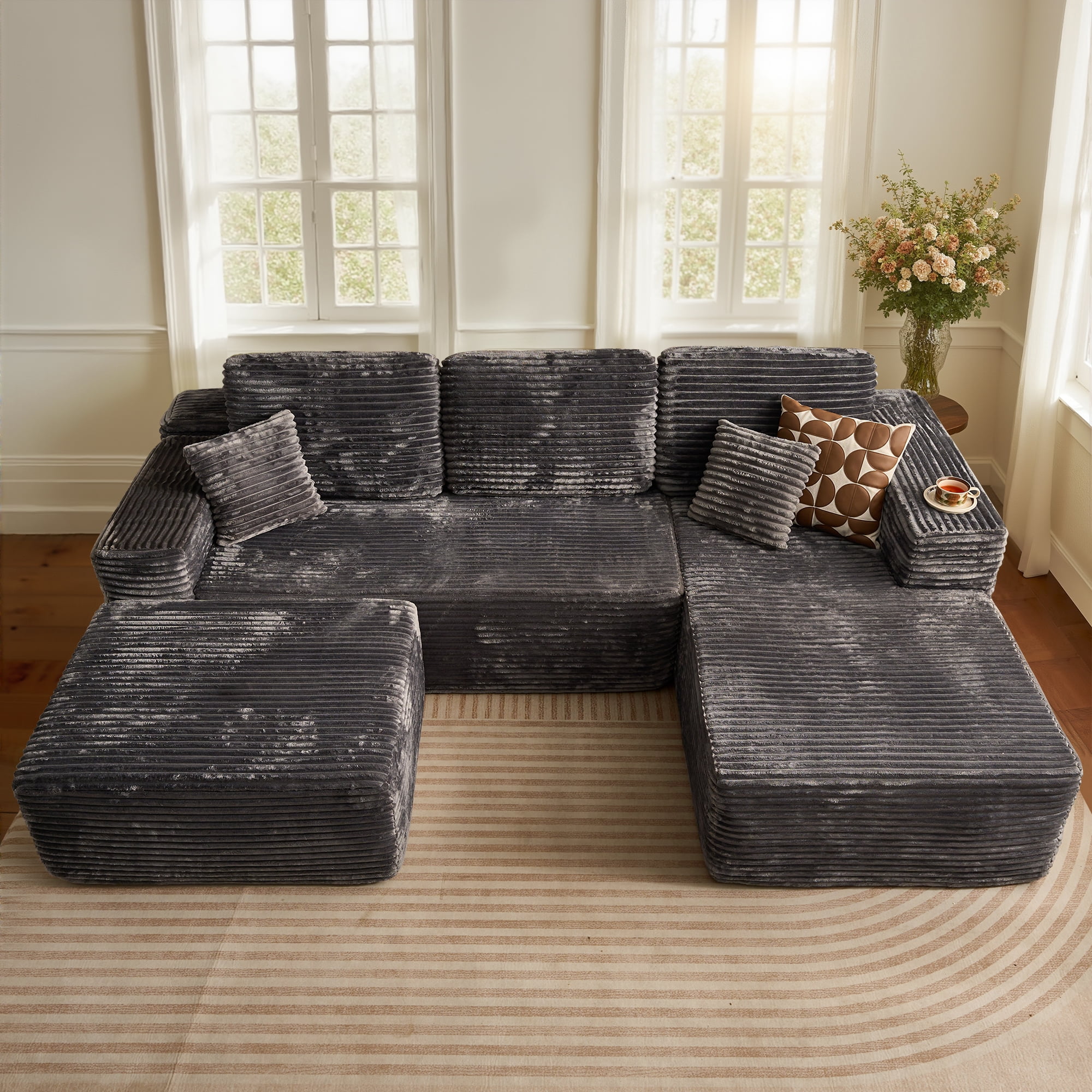 XIZZI 106" No-assembly L-Shaped Sectional Sofa Set w/ Ottoman, 28" Deep ...