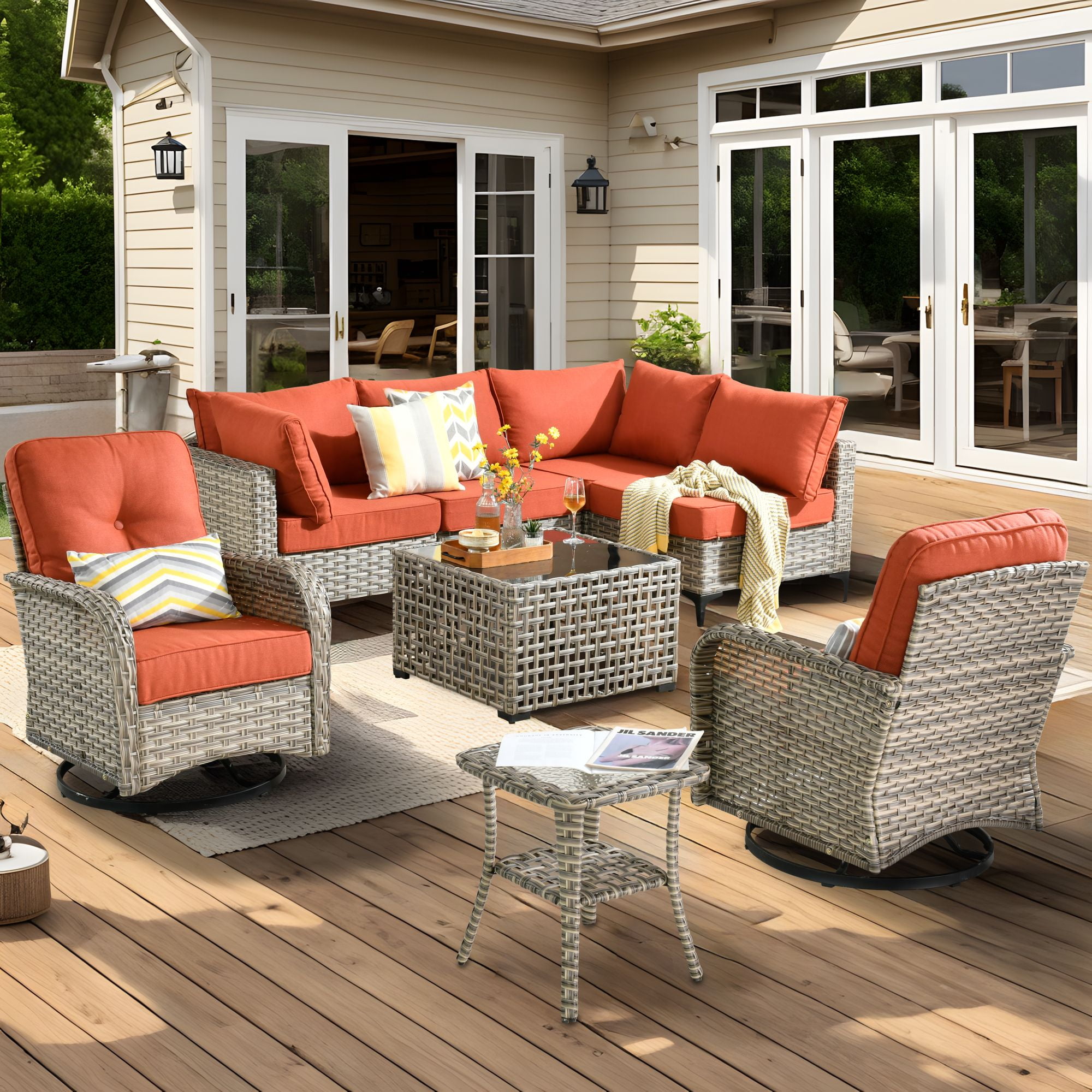 XIZZI 8 Pieces Wicker Patio Furniture with Swivel Rocking Chair Rattan ...