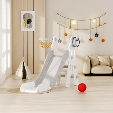 Gymax 2 Step Children Folding Slide w/ Basketball Hoop For Kids Indoor ...