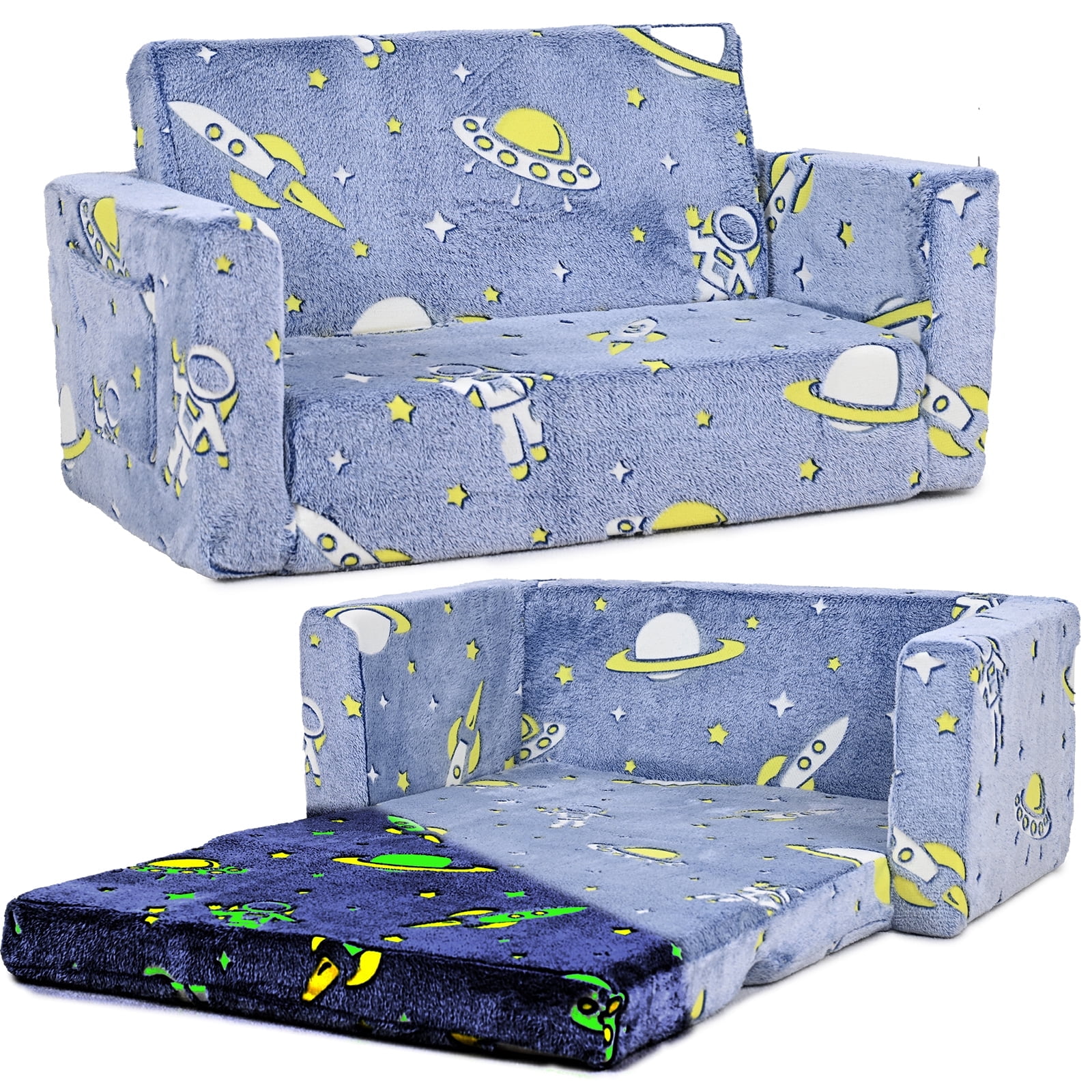 XJD Fold-Out Toddler Couch, Glow-in-The-Dark 2-in-1 Toddler Soft Couch ...