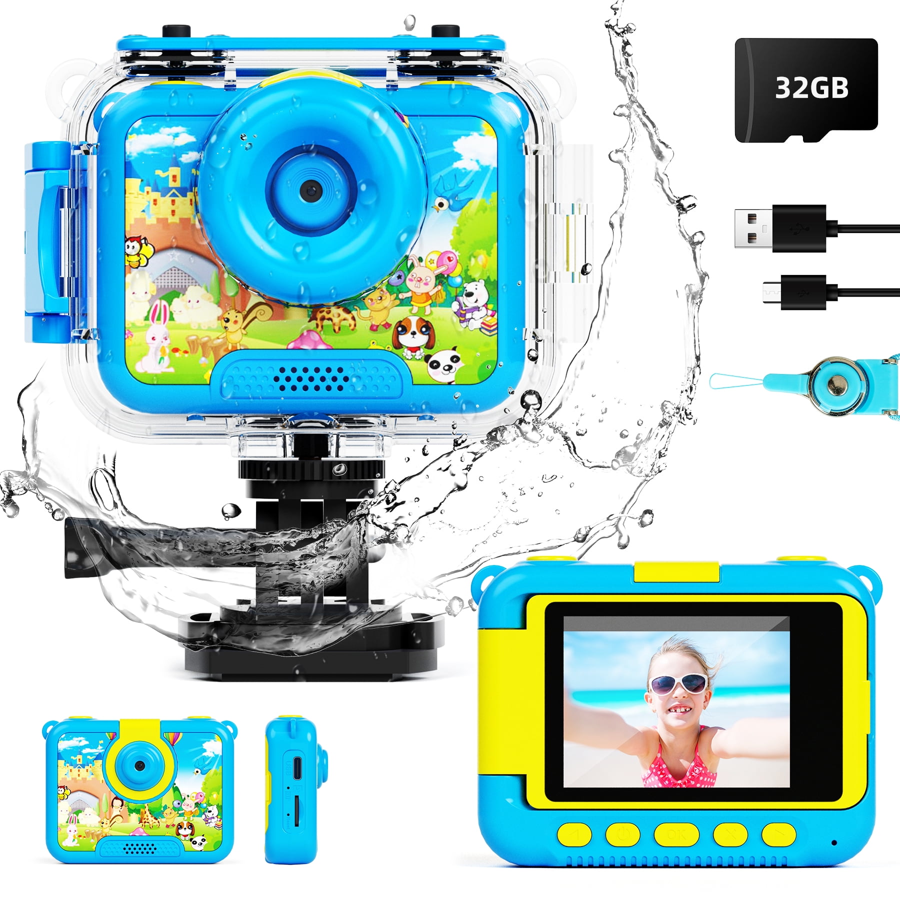 XJD Kids Digital Camera, Waterproof, 180° Rotatable 1080P HD, 32GB SD ...