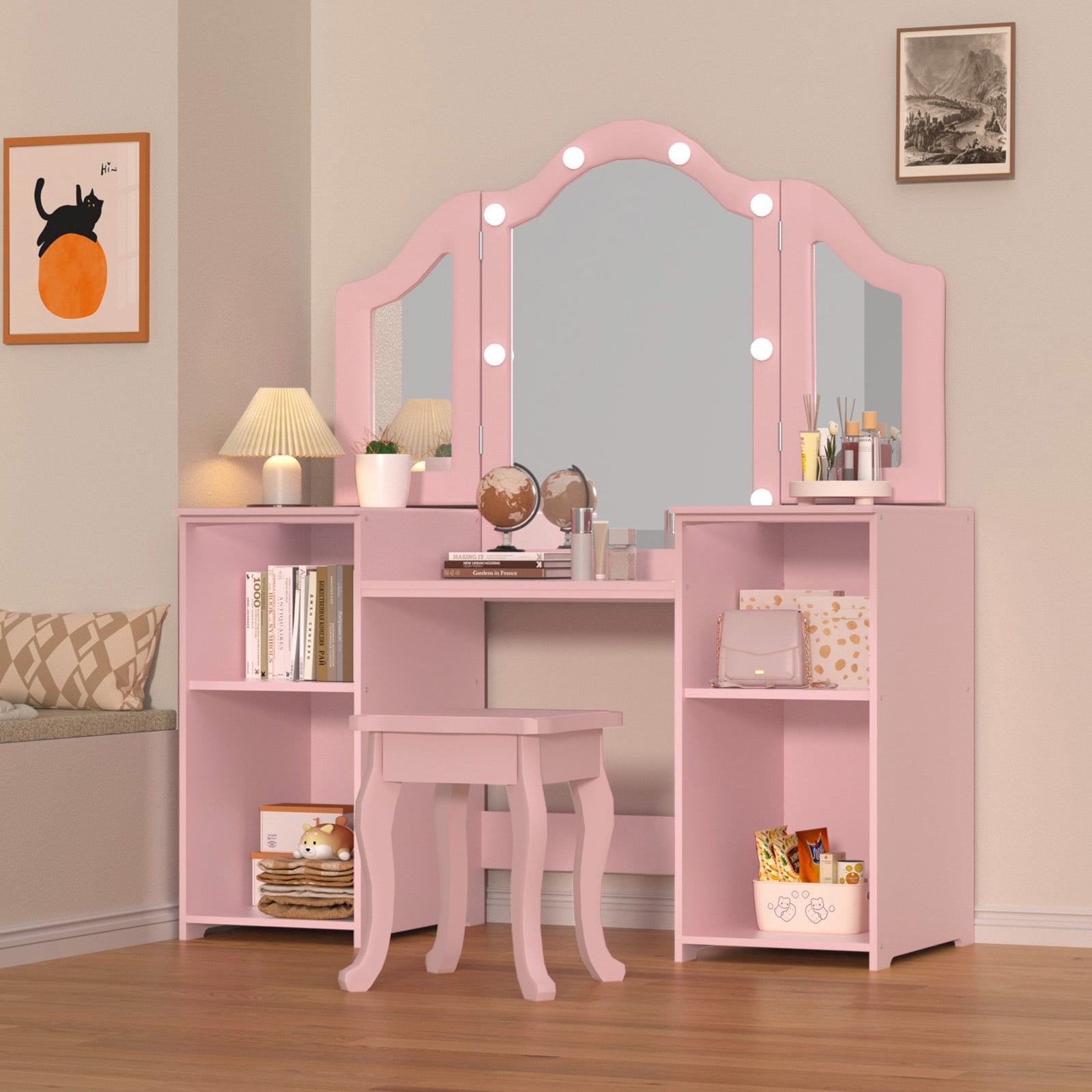 XJD Kids Vanity, 2 in 1 Princess Makeup Desk & Chair Set with Tri ...