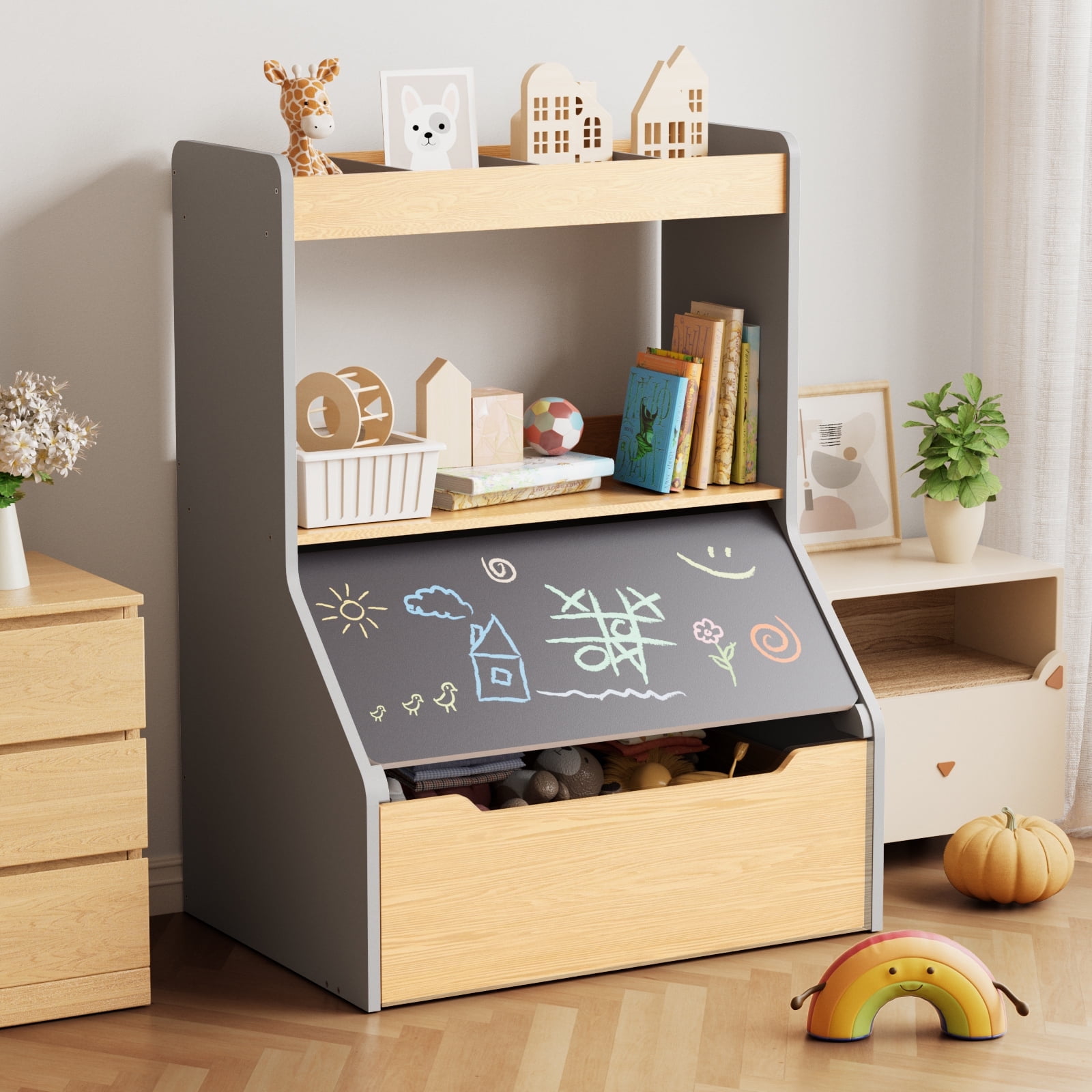 XJD Toy Storage Box, Kids Toy Storage Bin with Chalkboard Lid, Toddler ...