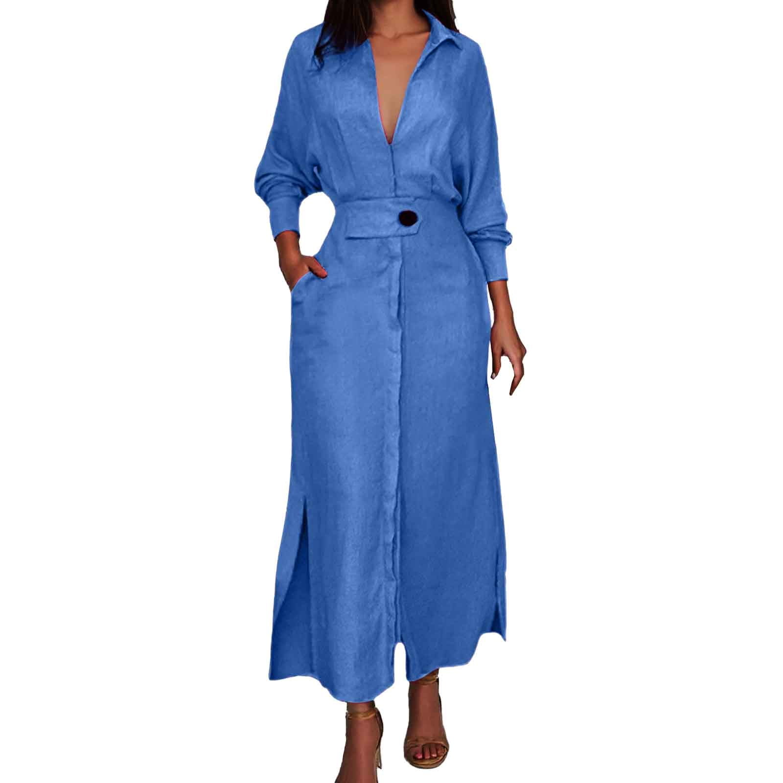 XJDJHC Dresses For Women 2025 Solid Color Casual Tie Waist Long Sleeve ...