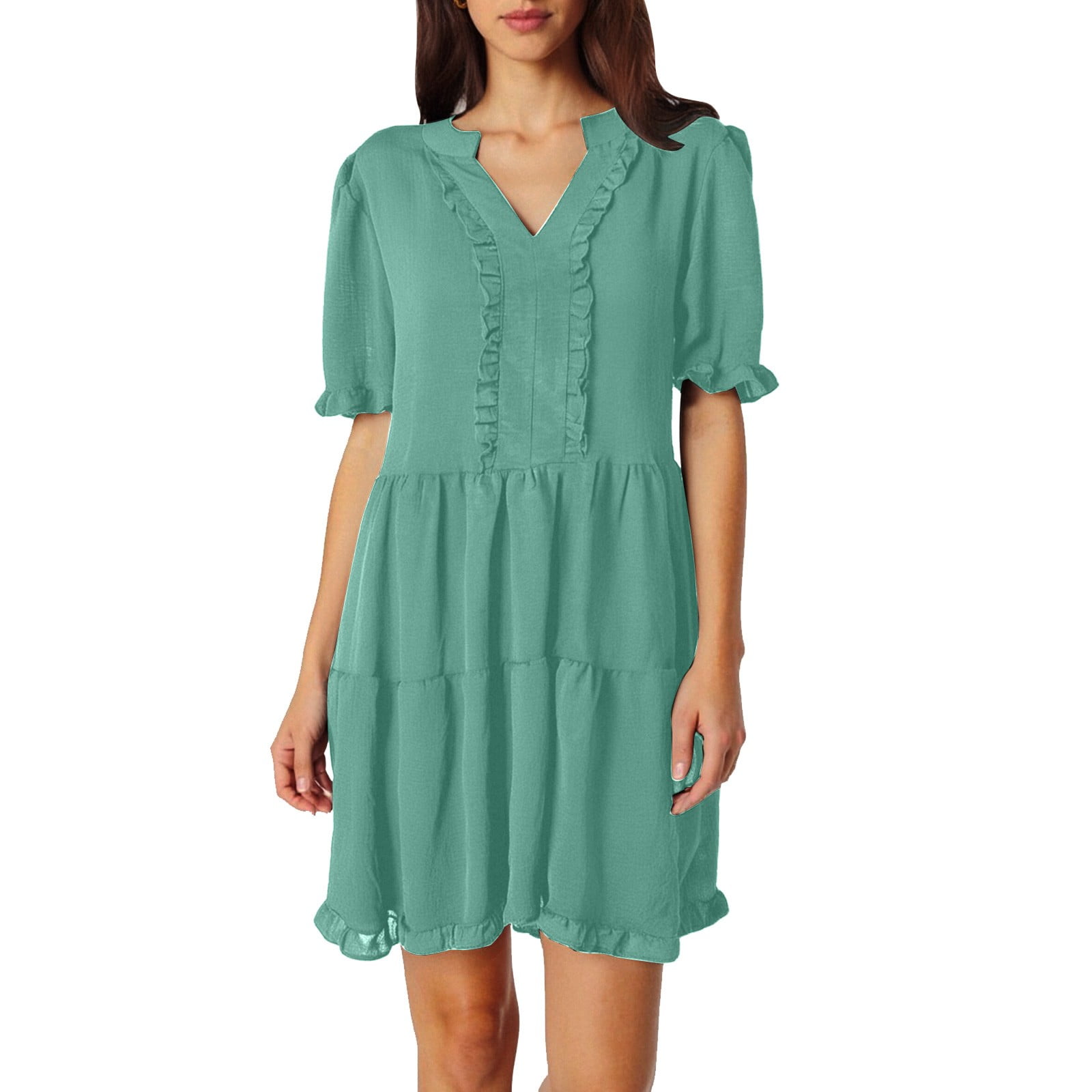 XJDJHC Dresses For Women Ladies Ruffled V Neck Short Sleeve Layered ...