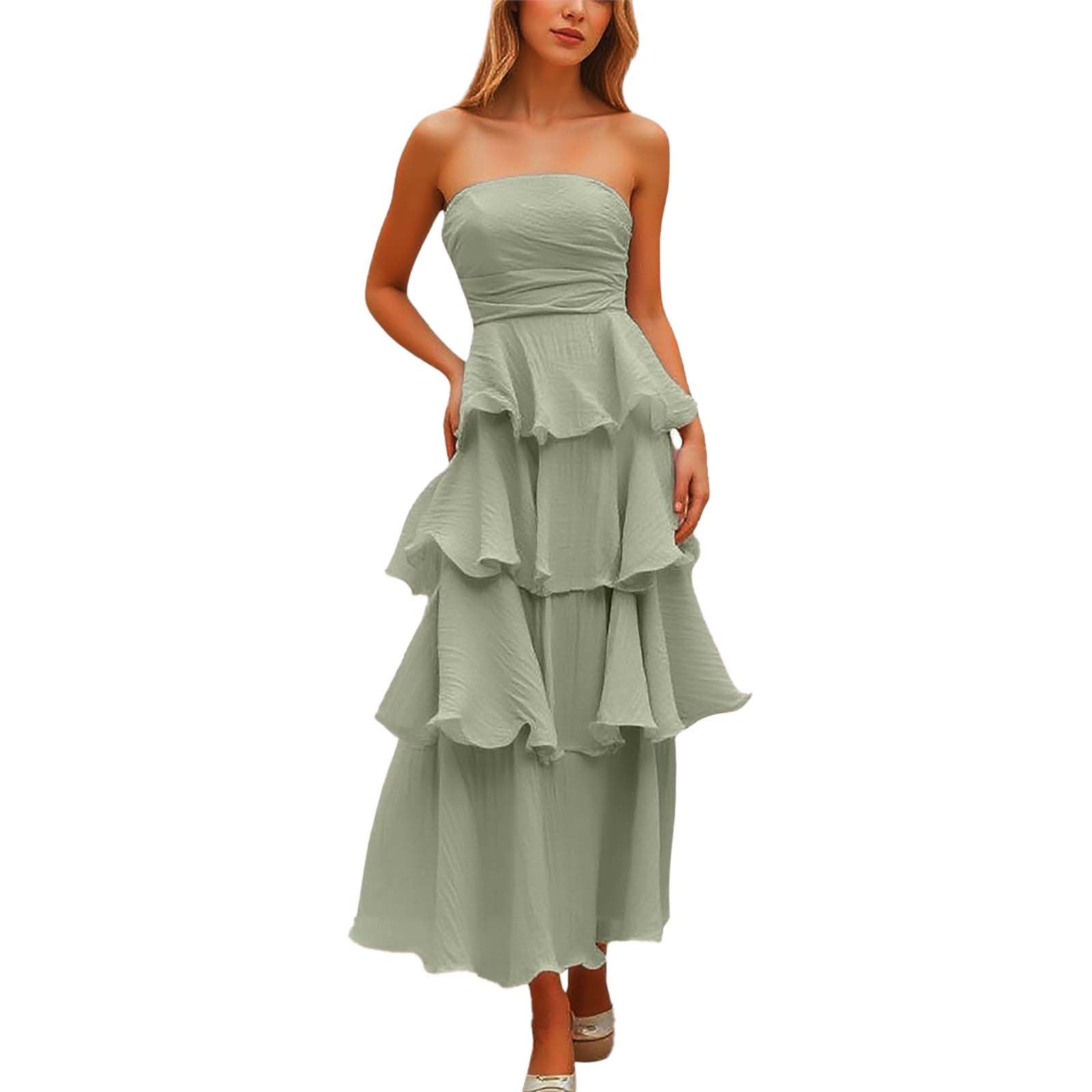 XJDJHC Dresses For Women 2025 Women's Strapless Ruffle Tiered Maxi ...