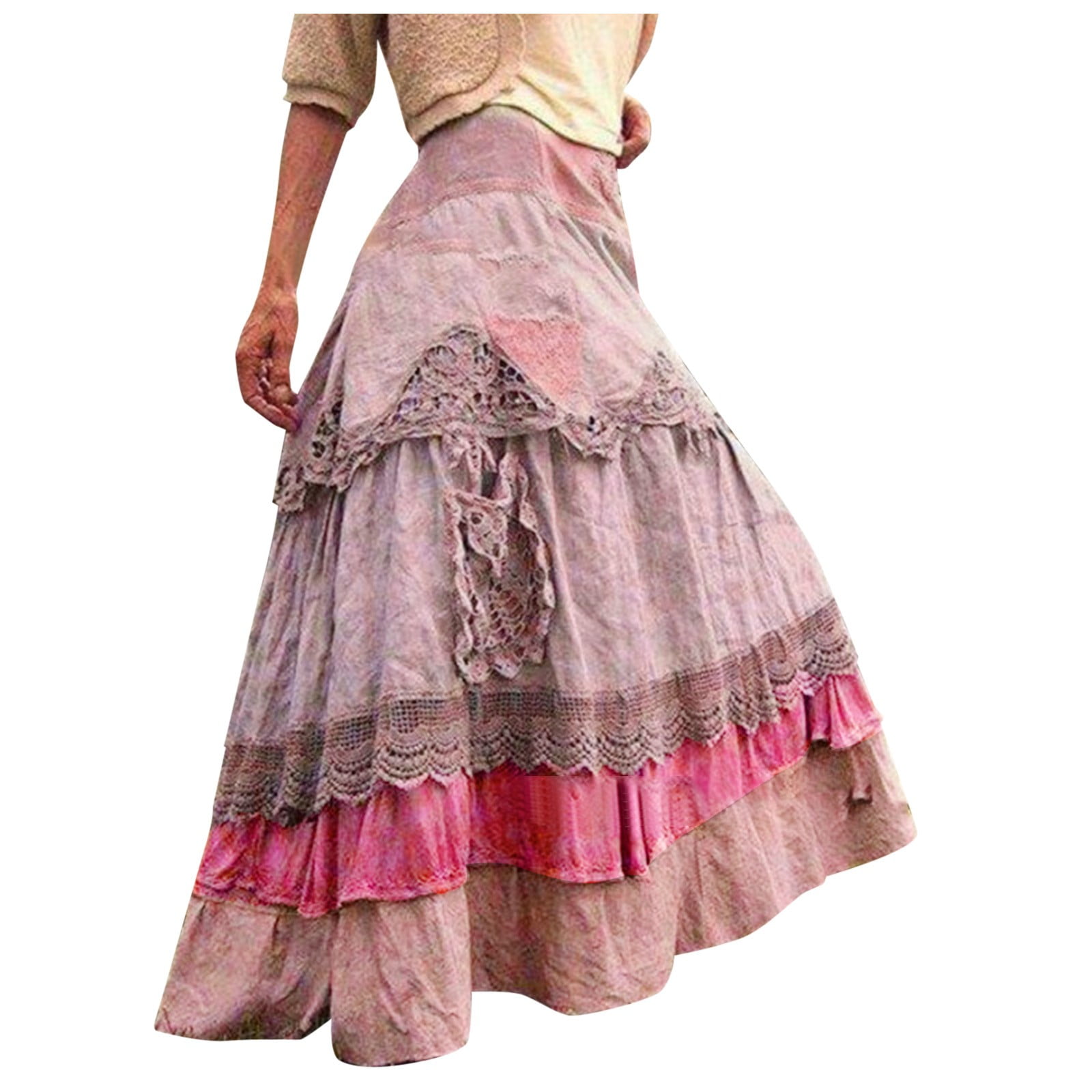 XJDJHC Summer Skirts for Women 2024 Boho Tiered Long Lace Skirt Maxi Net Flared Long Maxi ...