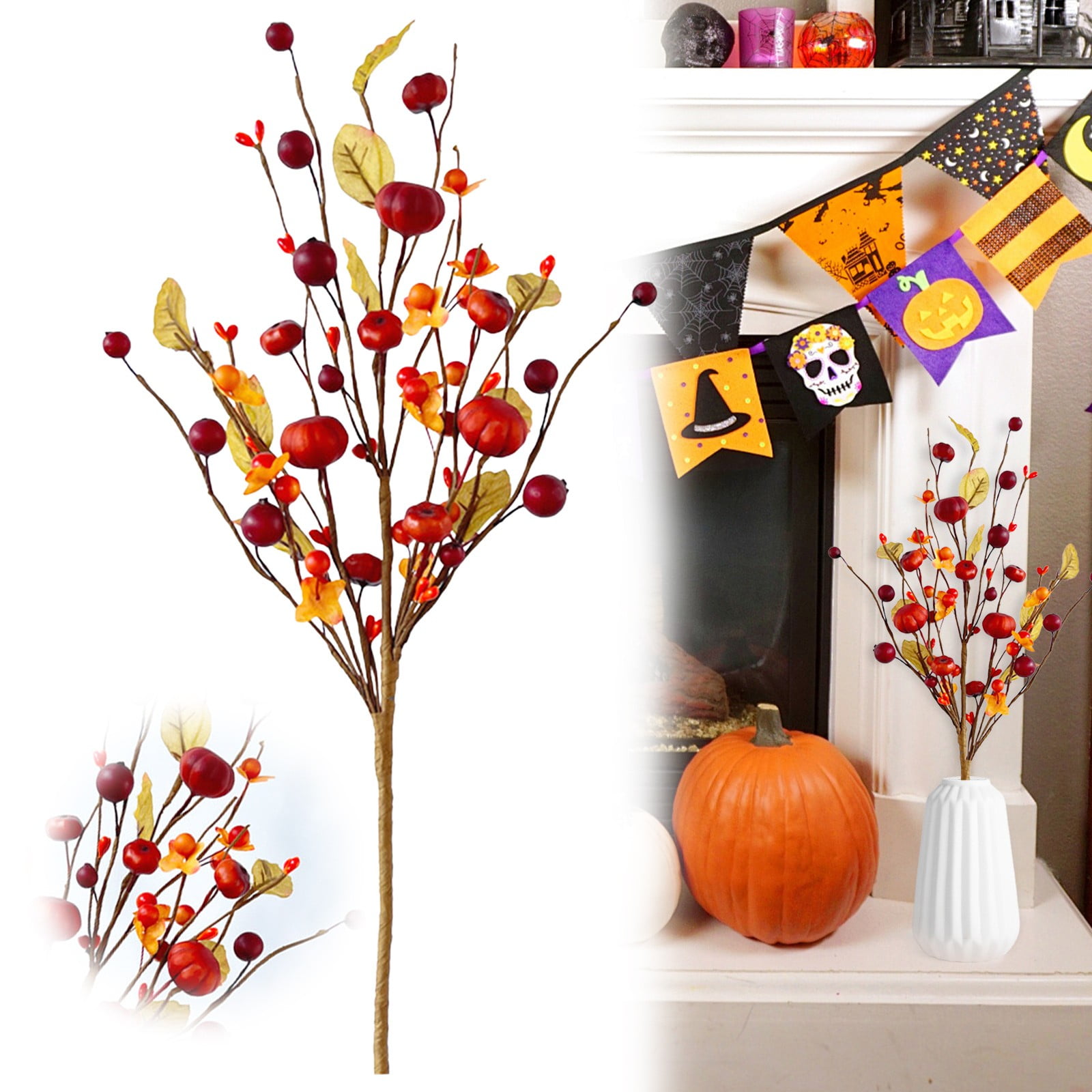 XJGHHSY 1 Pcs Artificial Fall Berry Stems,Leave And Orange Pumpkin ...
