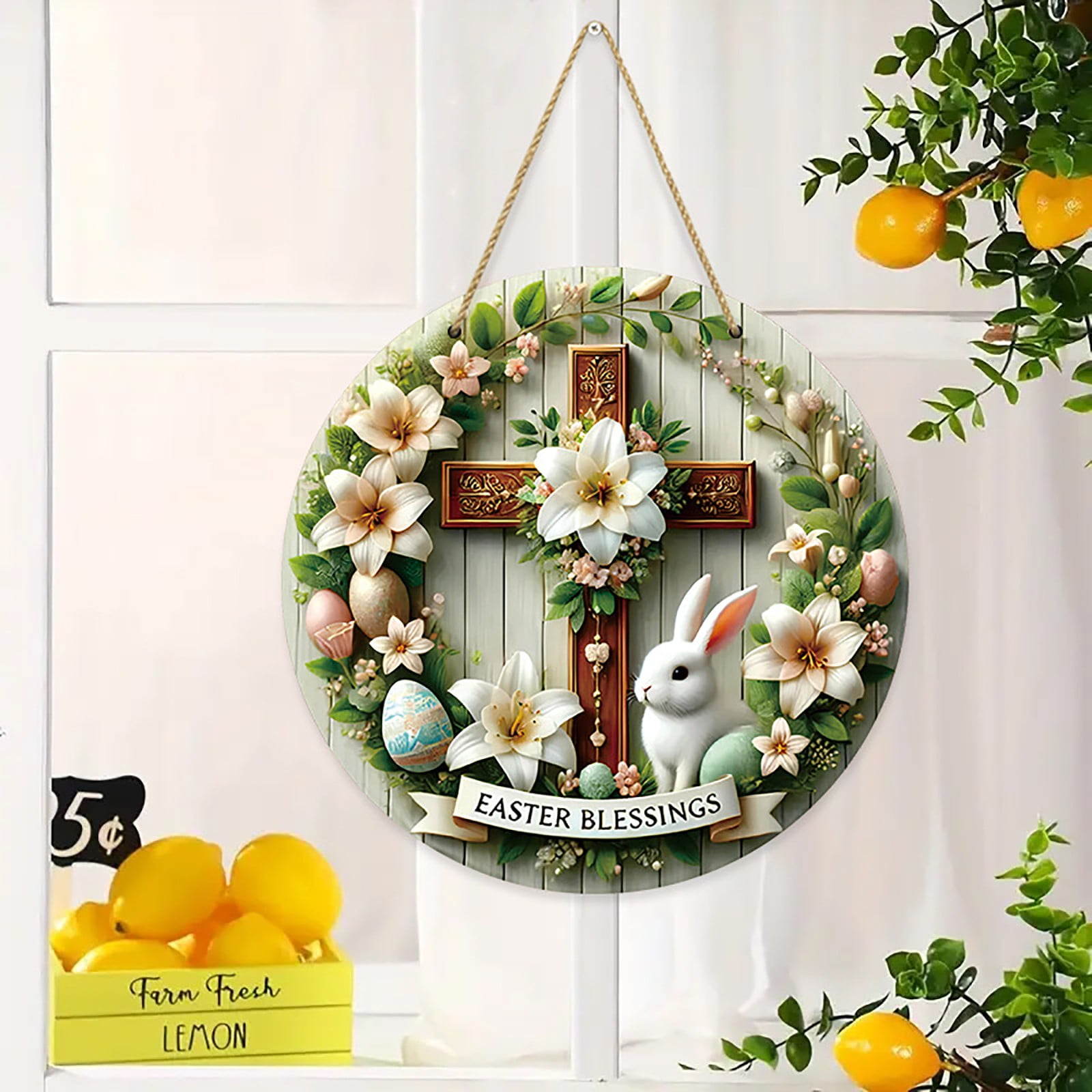 XJGHHSY Easter Blessings Religious Cross Door Sign, 8.7" Round Wooden ...
