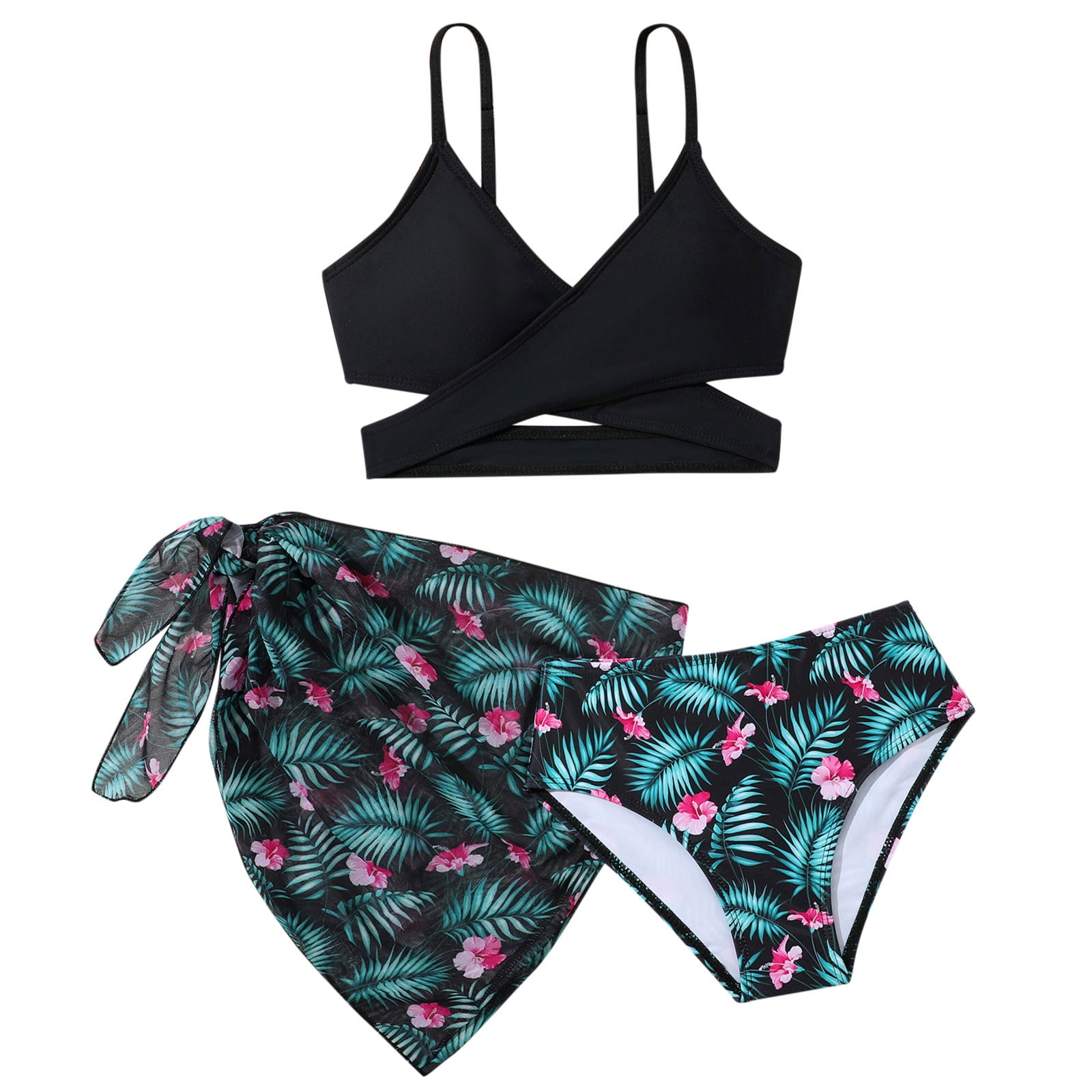 XJZMD Girls 3 Piece Swimsuit Bathing Suit Cute Floral Print Bikini Set ...