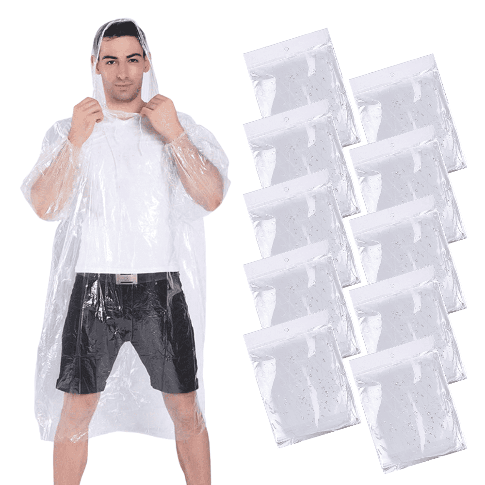 XKDOUS 10 Pack Disposable Rain Ponchos, Clear Waterproof Ponchos with ...