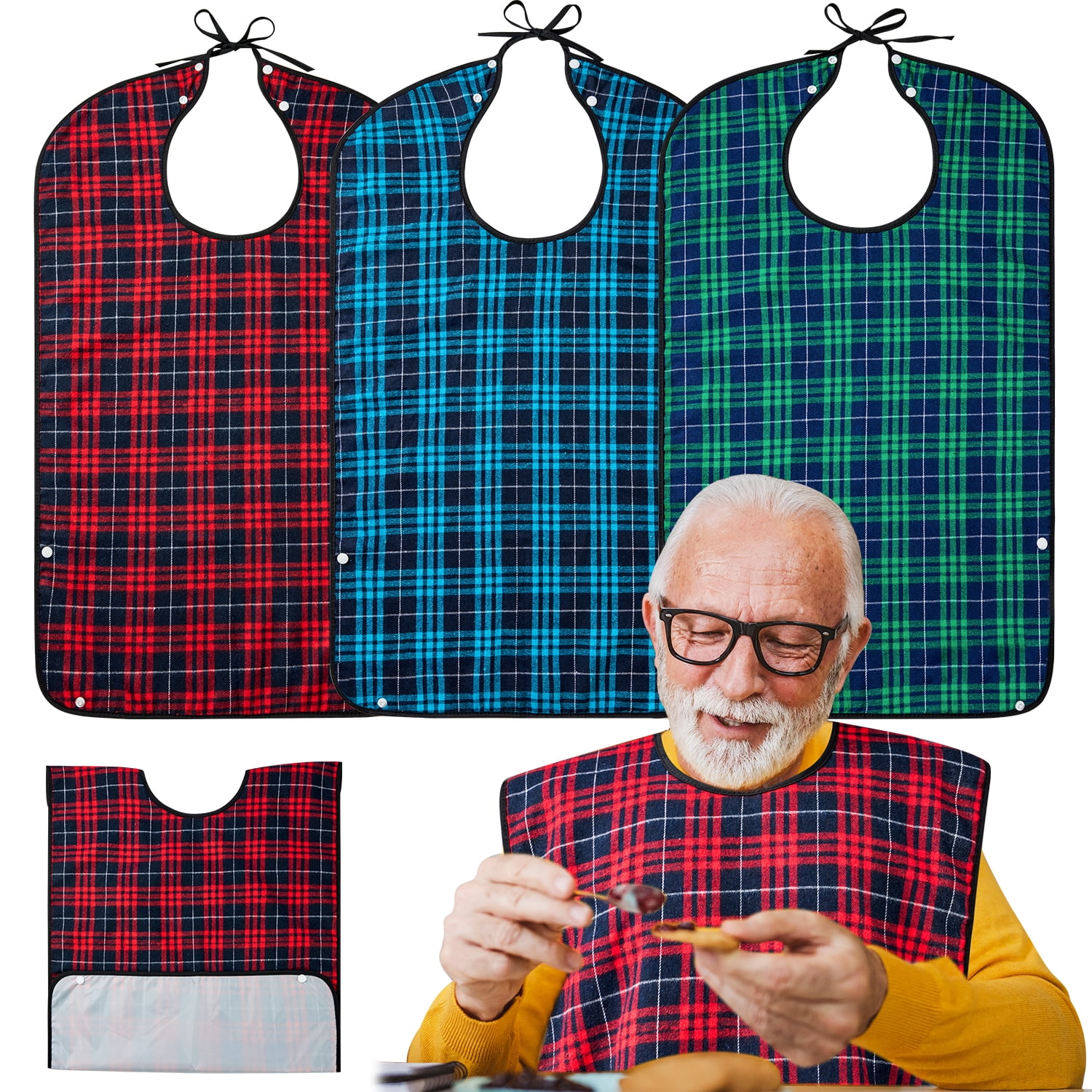 XKDOUS 3 Pack Adult Bibs, Washable Waterproof Adult Bibs for Men Women ...