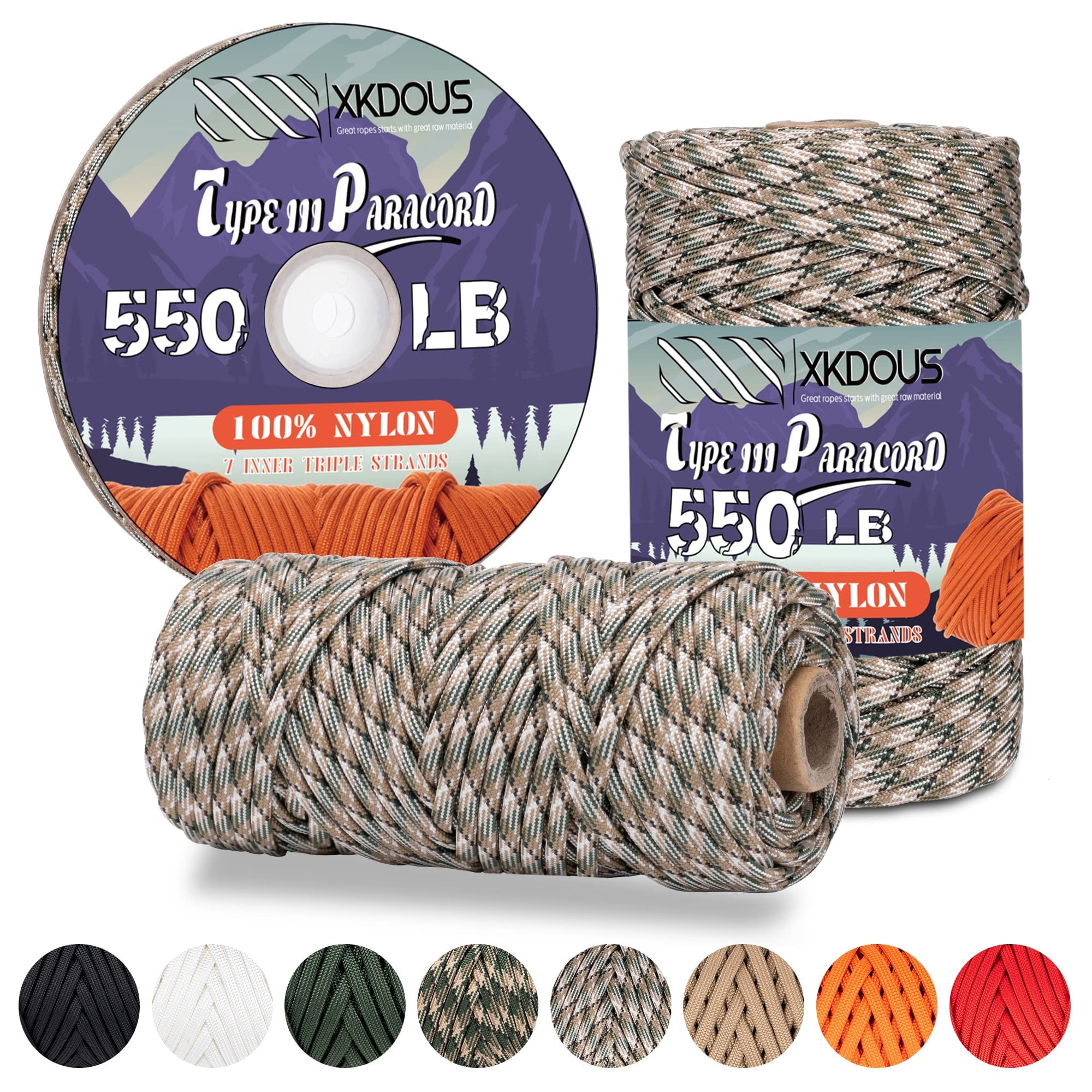 XKDOUS 550 Paracord 50ft Mixed Camo Parachute Cord, 100% Nylon 7 Strand ...