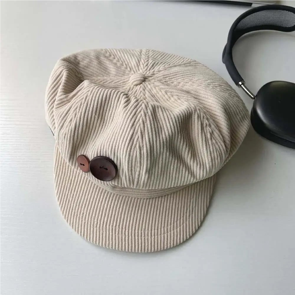 XKKDG Vintage Corduroy Beret Hat For Women Korean Button Octagonal Cap ...