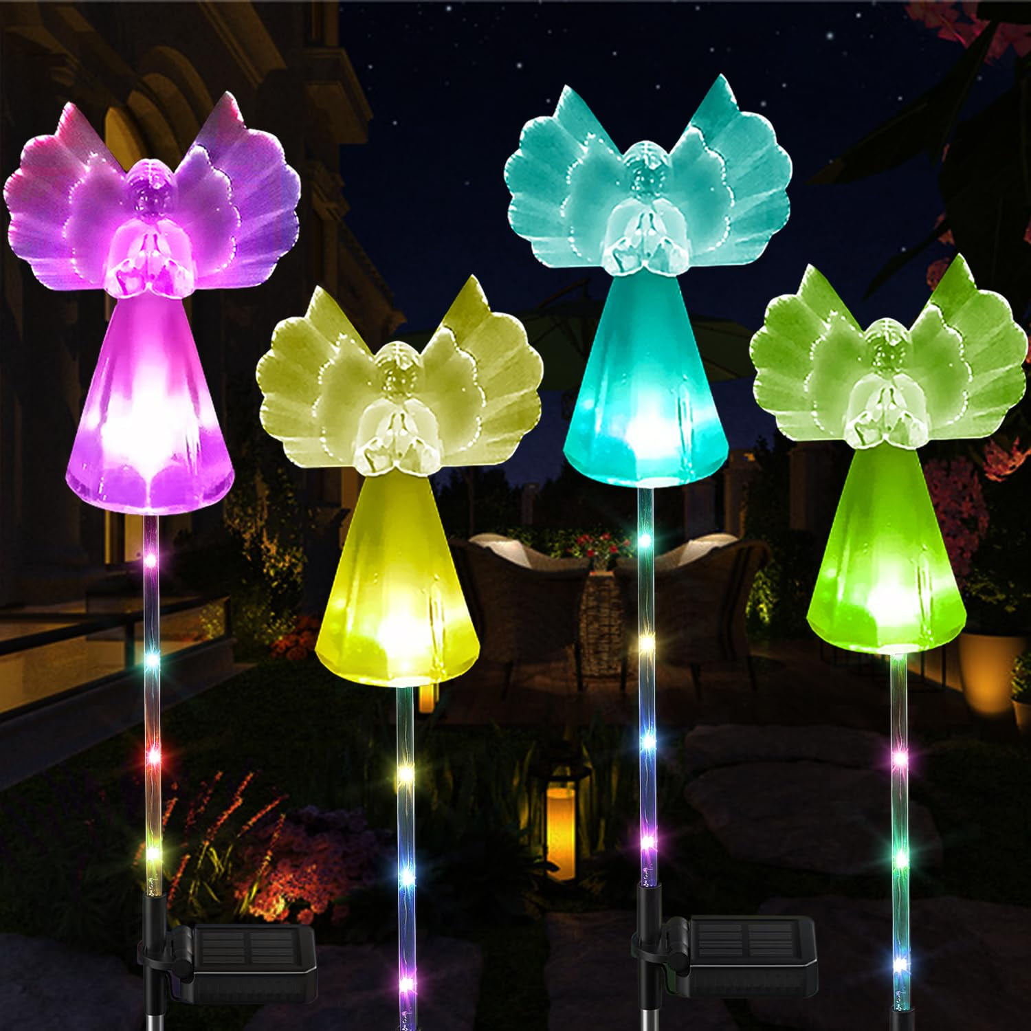 XKYQSY 4 Pack Solar RRF12 Angel Lights Outdoor, Changing Decorative LED Garden Angel Stake ...