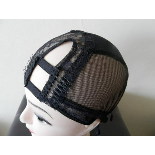 XL Black Left U-Part Wig Cap with Adjustable Band and ear wings for a ...