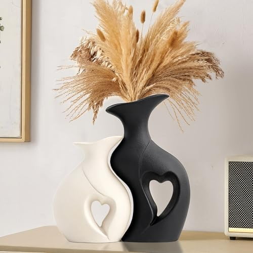 XL Black and White Vase Set of 2,Heart Shaped Ceramic Vases Home Decor ...