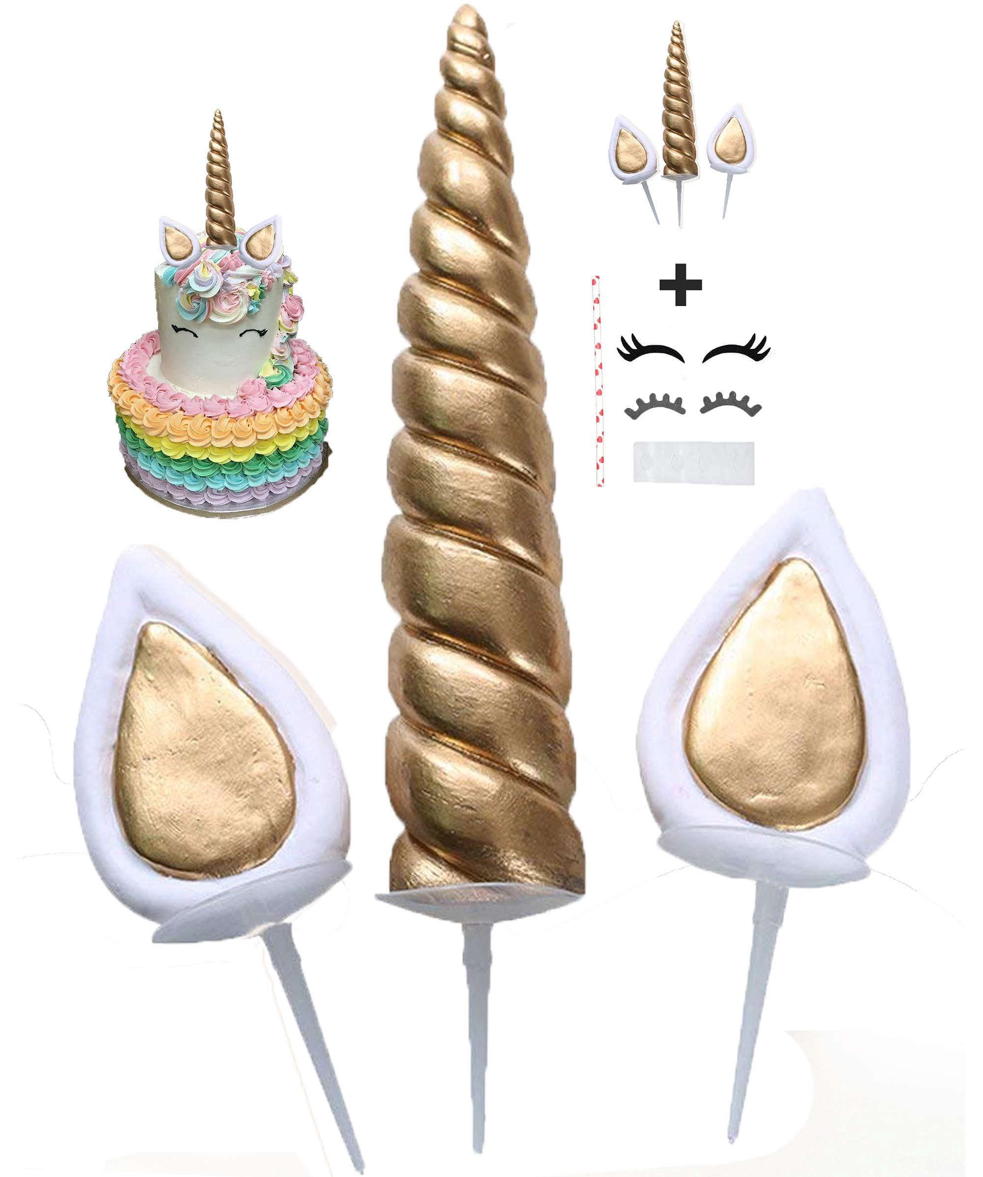 XL Food Grade Unicorn Cake Topper, SMRReusable Gold Horn, Ears and ...