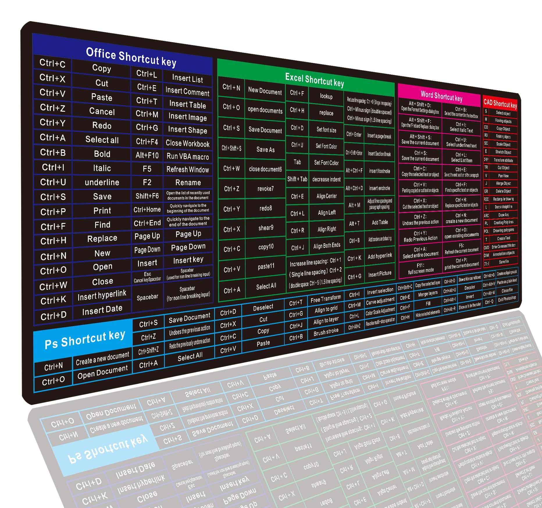 XL Gaming Mouse Pad with Excel、Word、CAD、Ps Shortcuts - Waterproof Desk ...