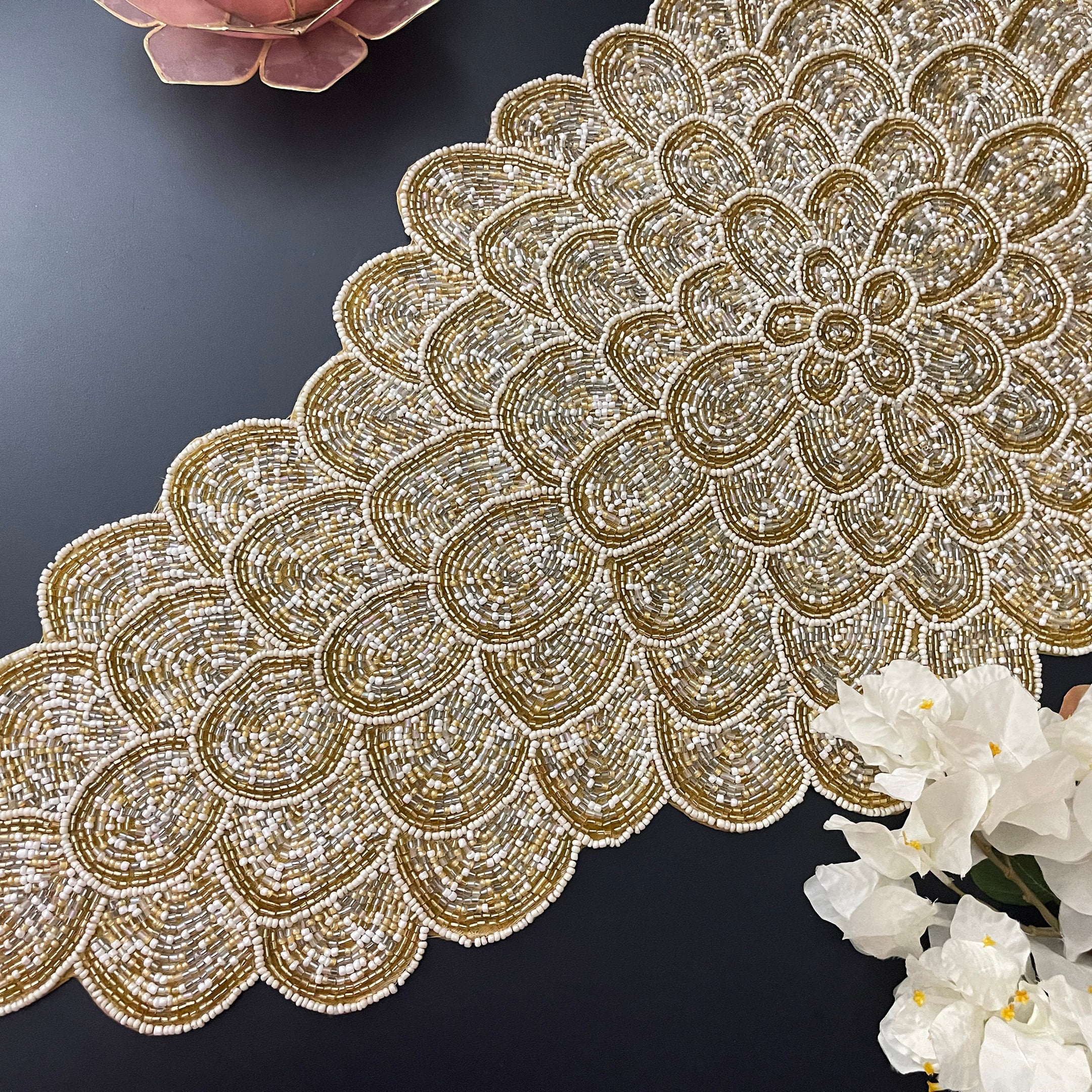 XL Handmade bead table runner, peacock floral runner, gold, silver and ...