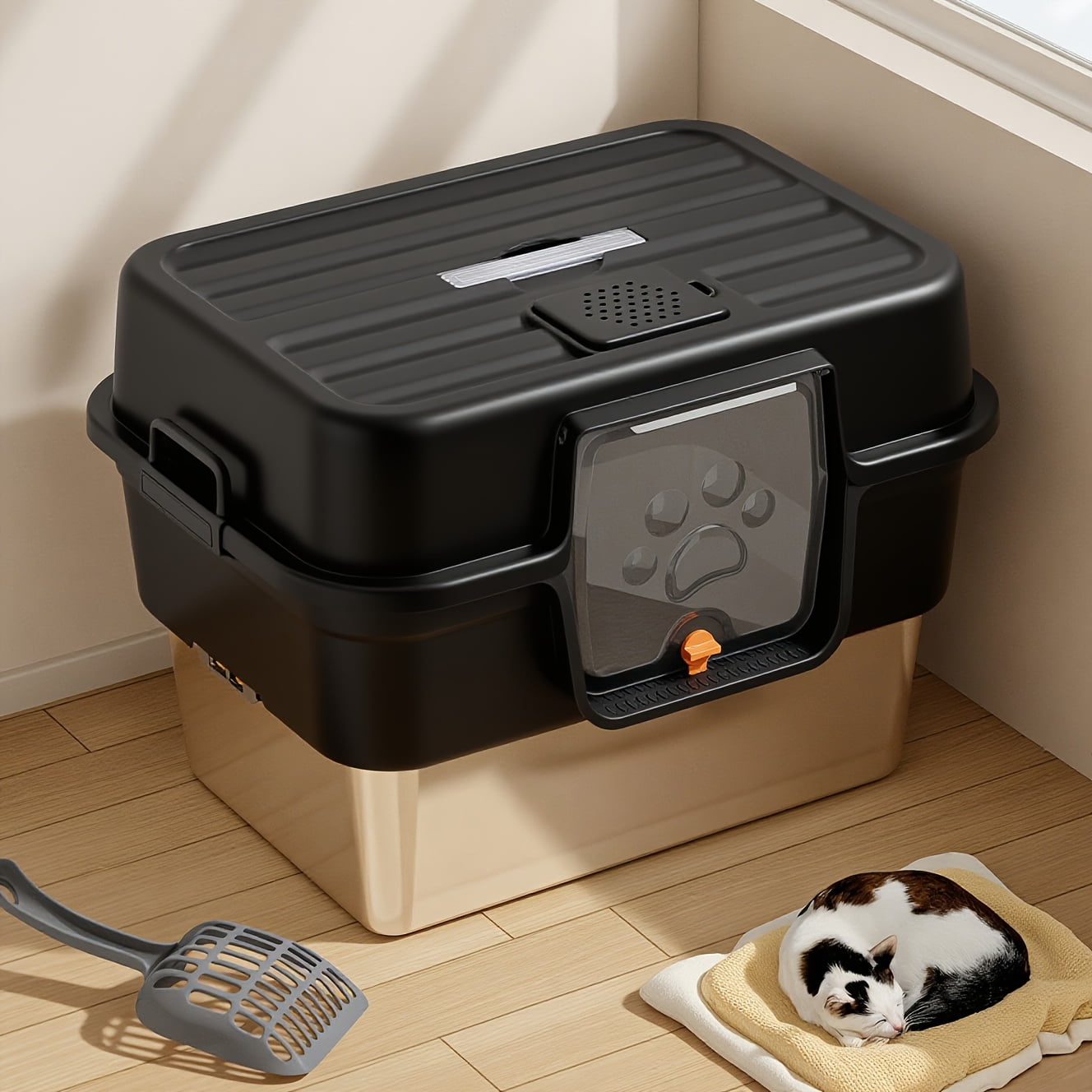 XL Heavy-Duty Stainless Steel Enclosed Cat Litter Box with Lid Extra ...