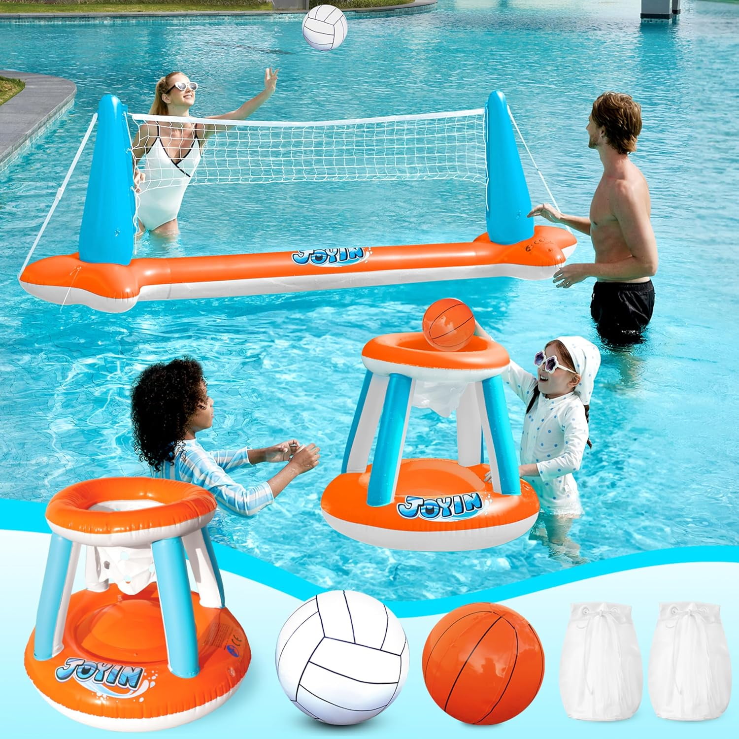 XL Inflatable Pool Float Set, 125'' Volleyball Net & Basketball Hoops ...