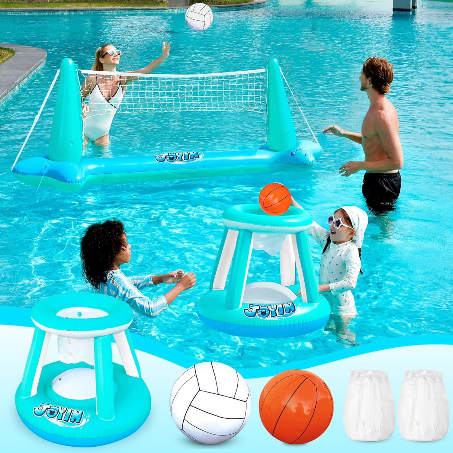 XL Inflatable Pool Float Set, '' Volleyball Net & Basketball Hoops ...