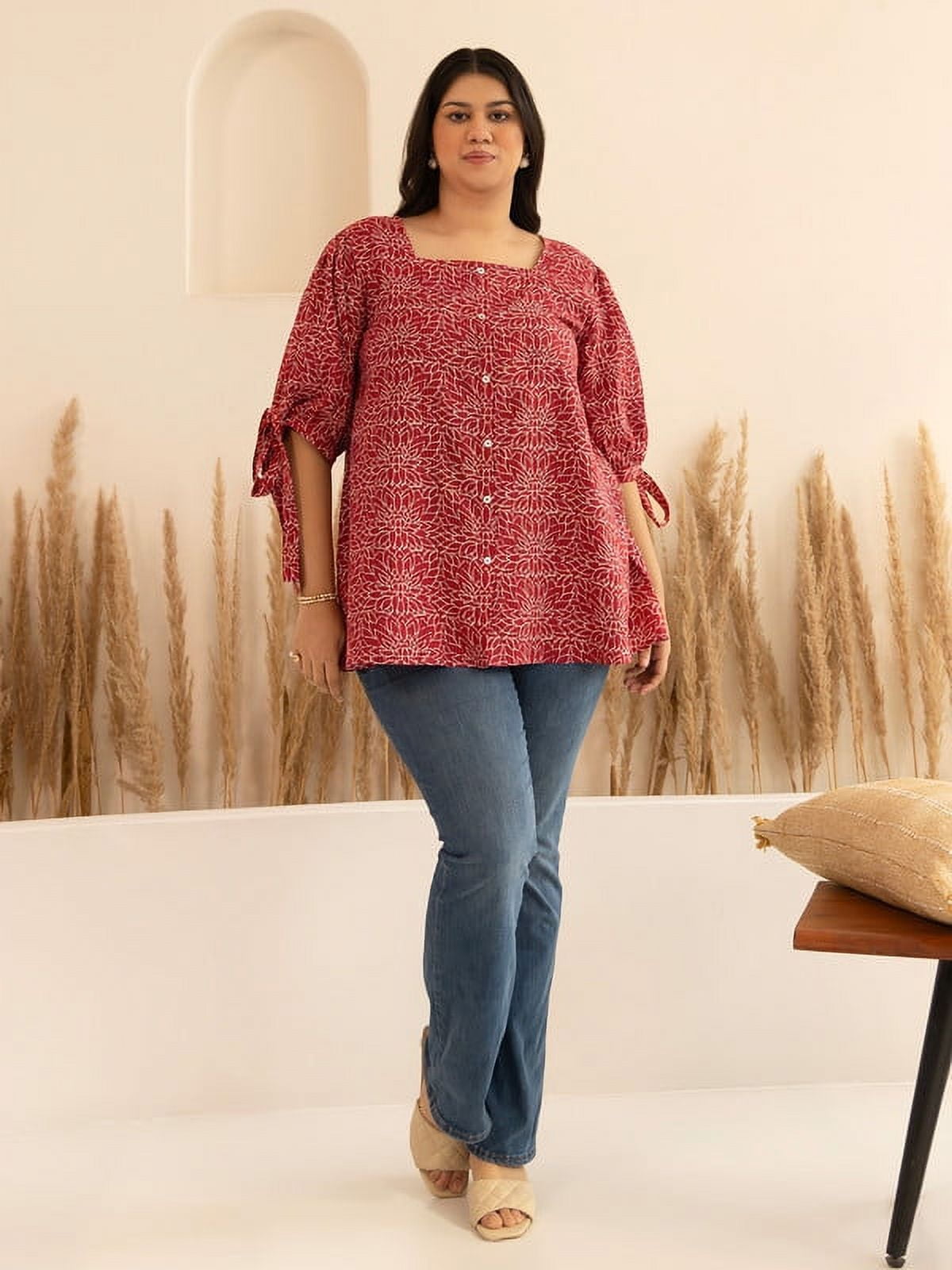 XL LOVE By Janasya Indian Women's Plus Size Maroon Cotton Floral A-Line ...