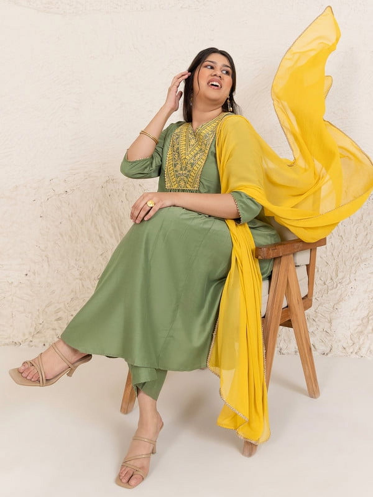 XL LOVE By Janasya Indian Women's Plus Size Olive Chinnon Yoke ...