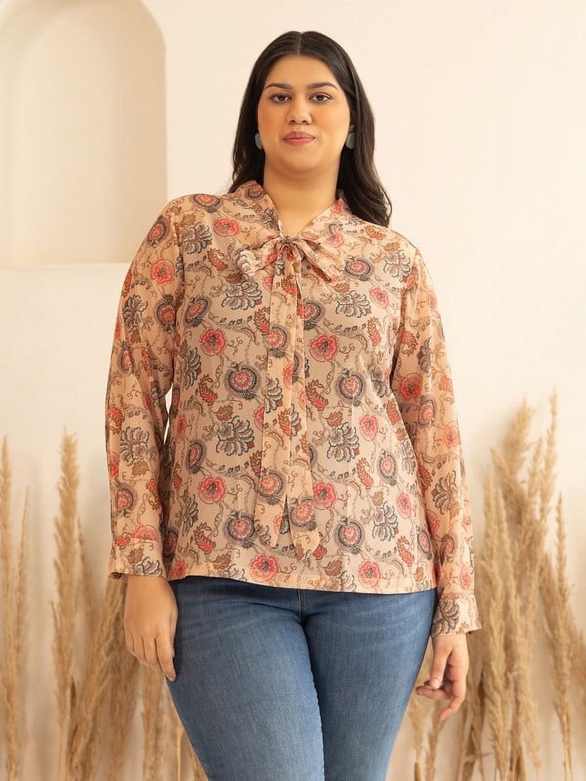XL LOVE By Janasya Indian Women's Plus Size Peach Georgette Floral ...