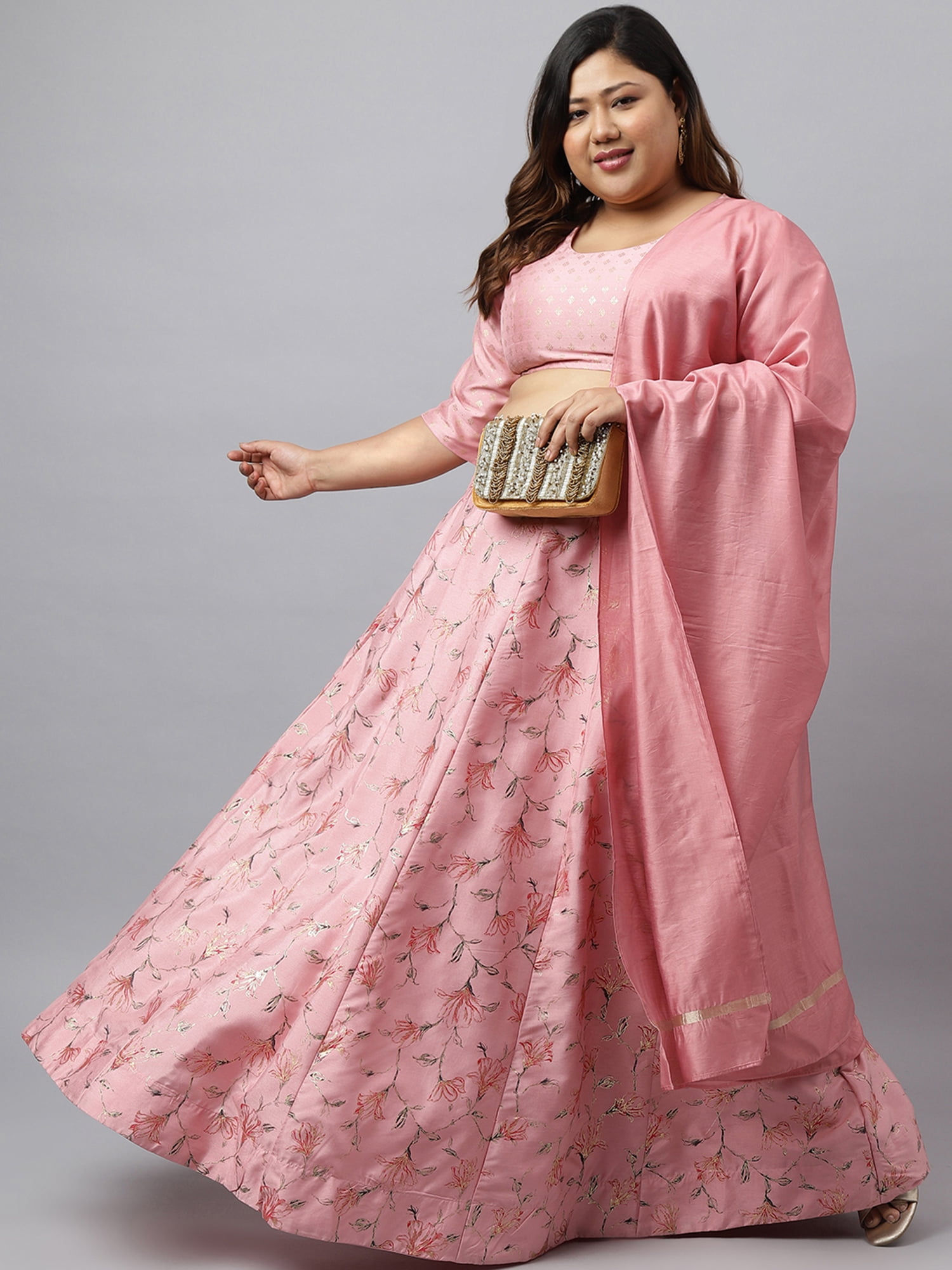 XL LOVE By Janasya Women's Pink Poly Silk Foil Printed Lehenga Choli ...