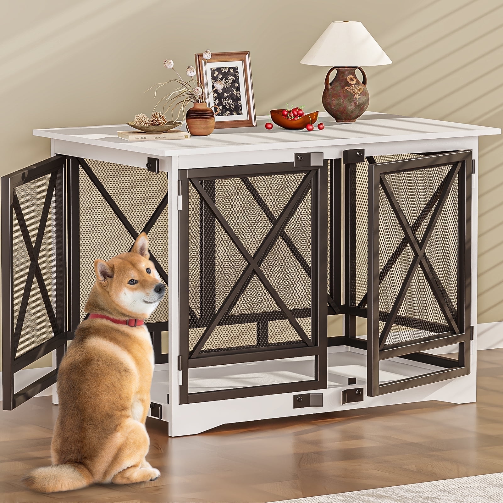 48 inch Extra Large Dog Crate Furniture,Double Door Indoor Kennel,End Side Table Wooden Dog ...